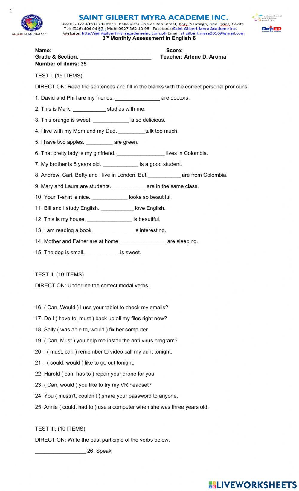 3RD ENGLISH 6 2550266 | Arlenearoma | Live Worksheets