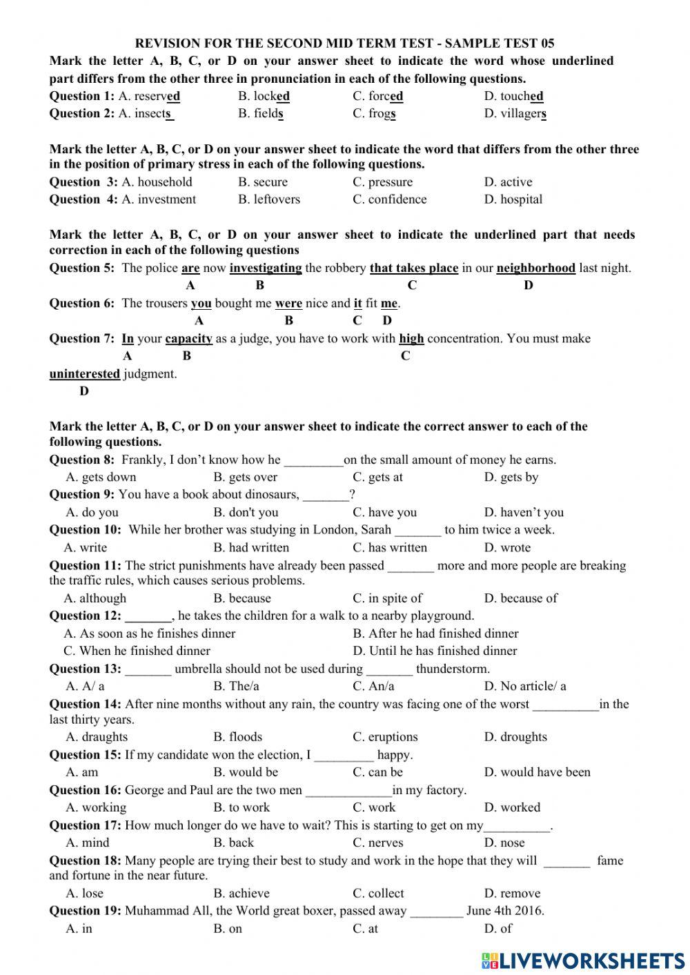 Sample test for the second mid term test (grade 12) worksheet | Live ...