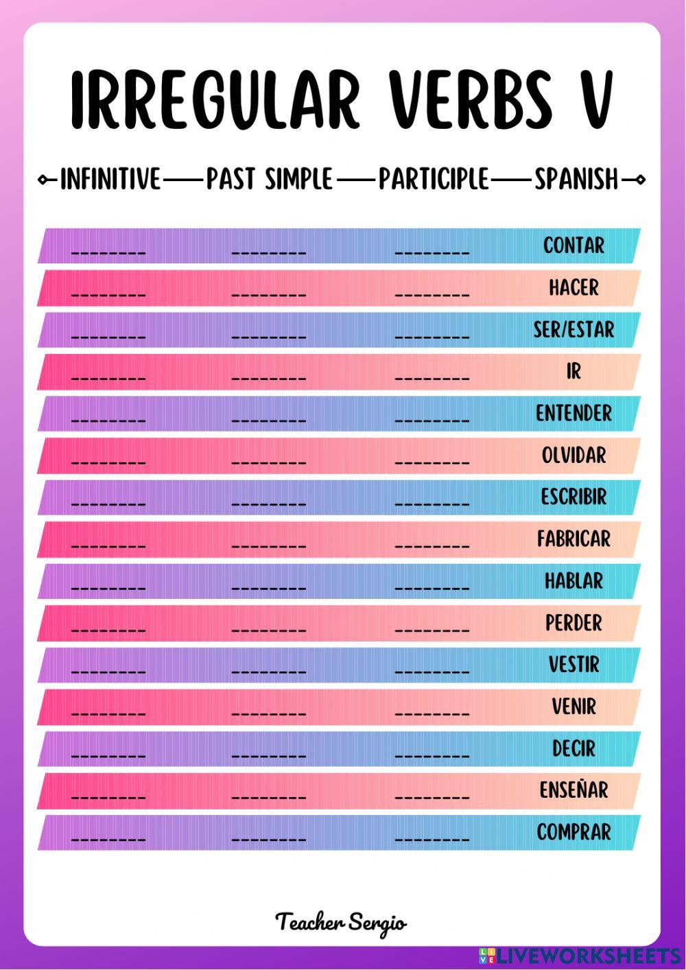 Irregular Verbs Exam V worksheet | Live Worksheets