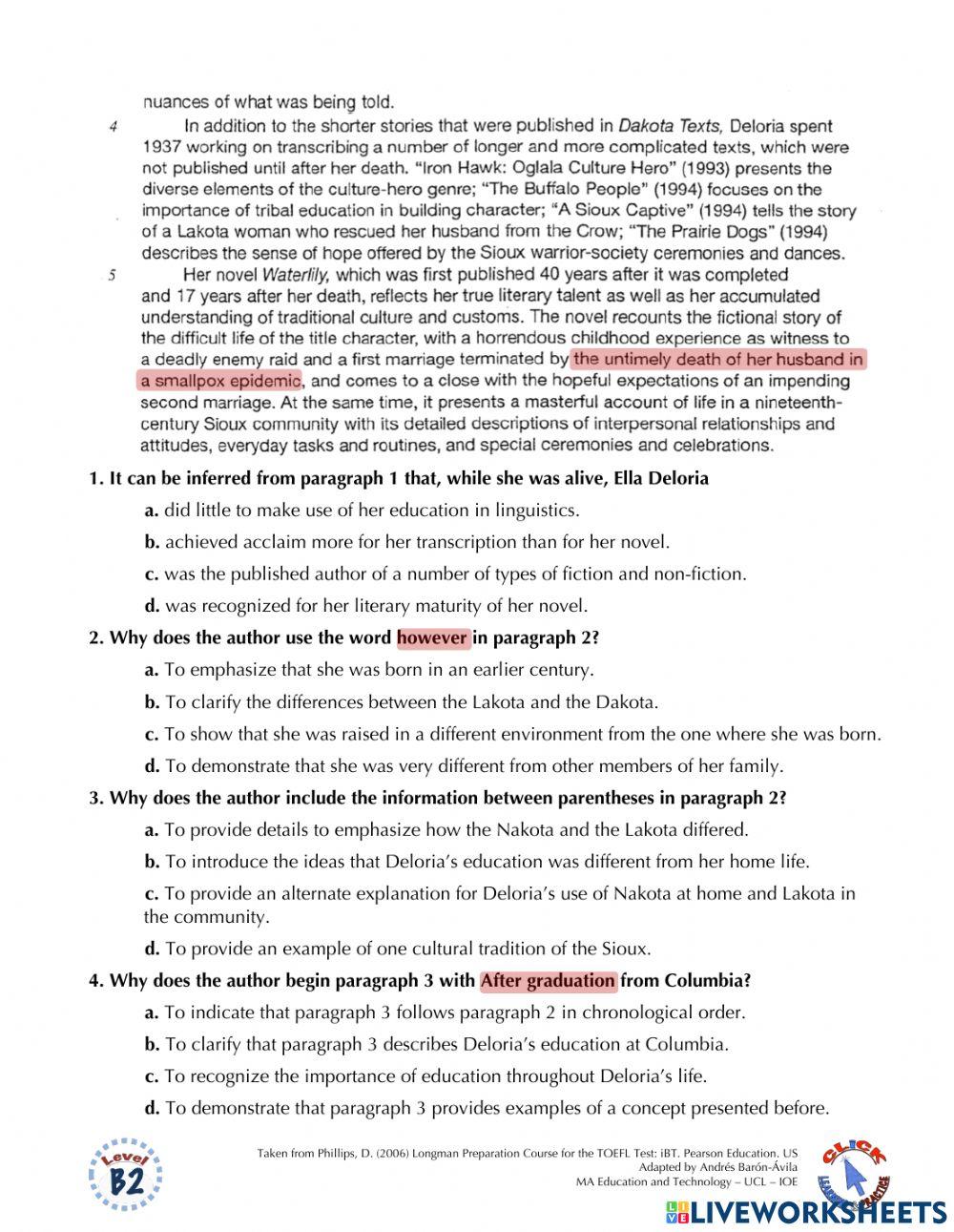 Reading Ex.: TOEFL (skills 7-8) 2303605 | Andres