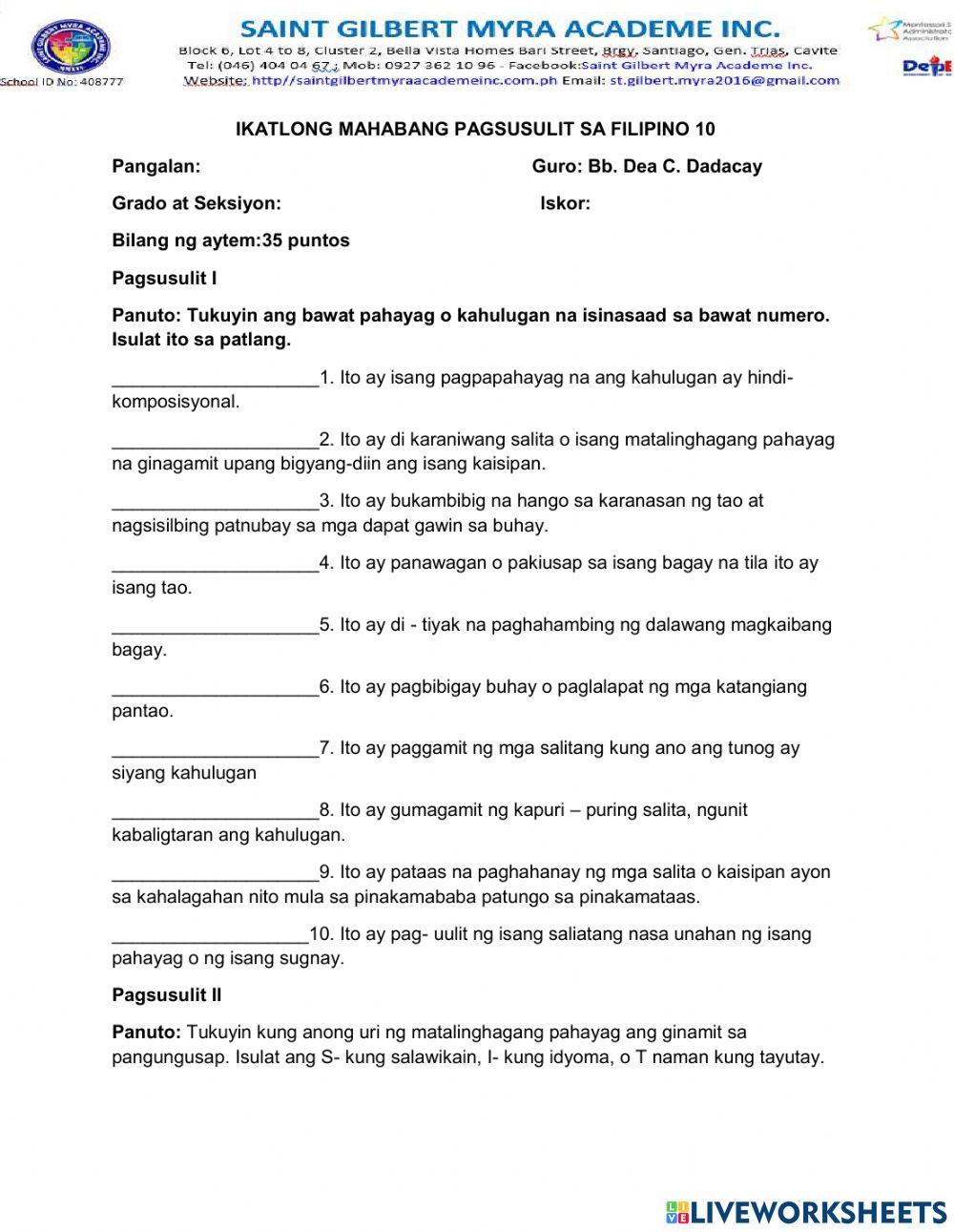 IKATLONG MAHABANG PAGSUSULIT SA FILIPINO 10 online exercise for | Live ...