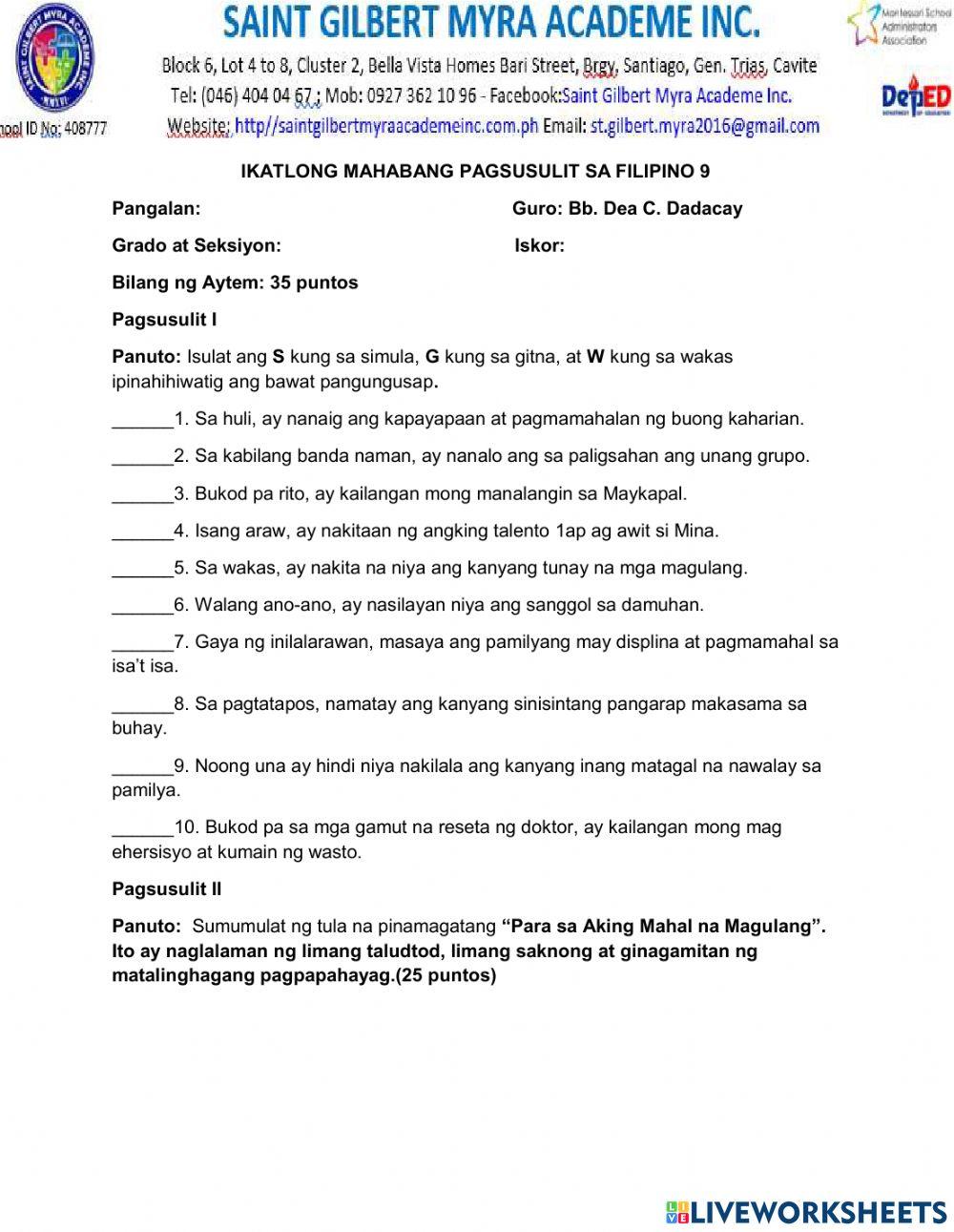 2550865 | IKATLONG MAHABANG PAGSUSULIT SA FILIPINO 9