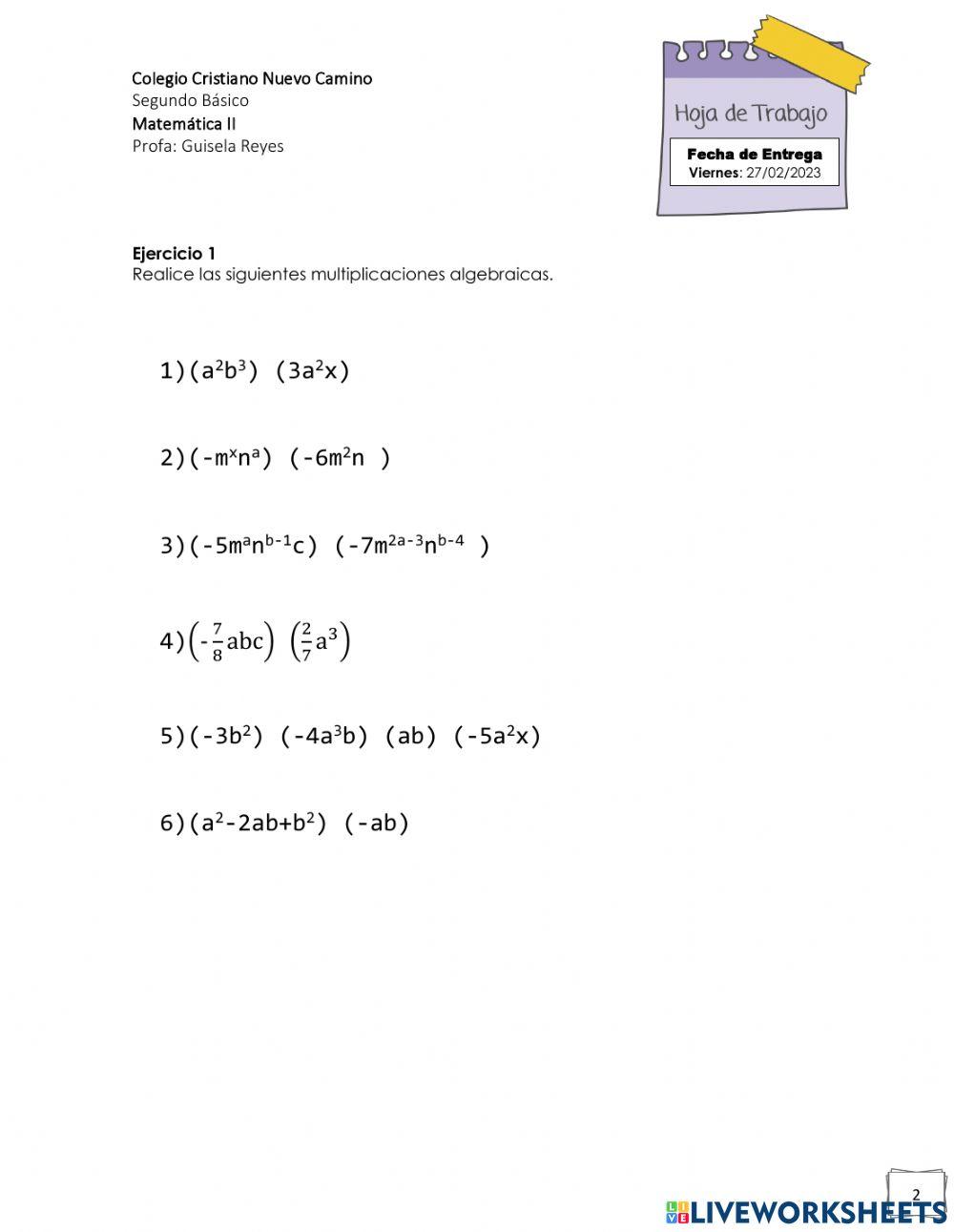 Multiplicación de polinomios activity for Segundo Básico | Live Worksheets