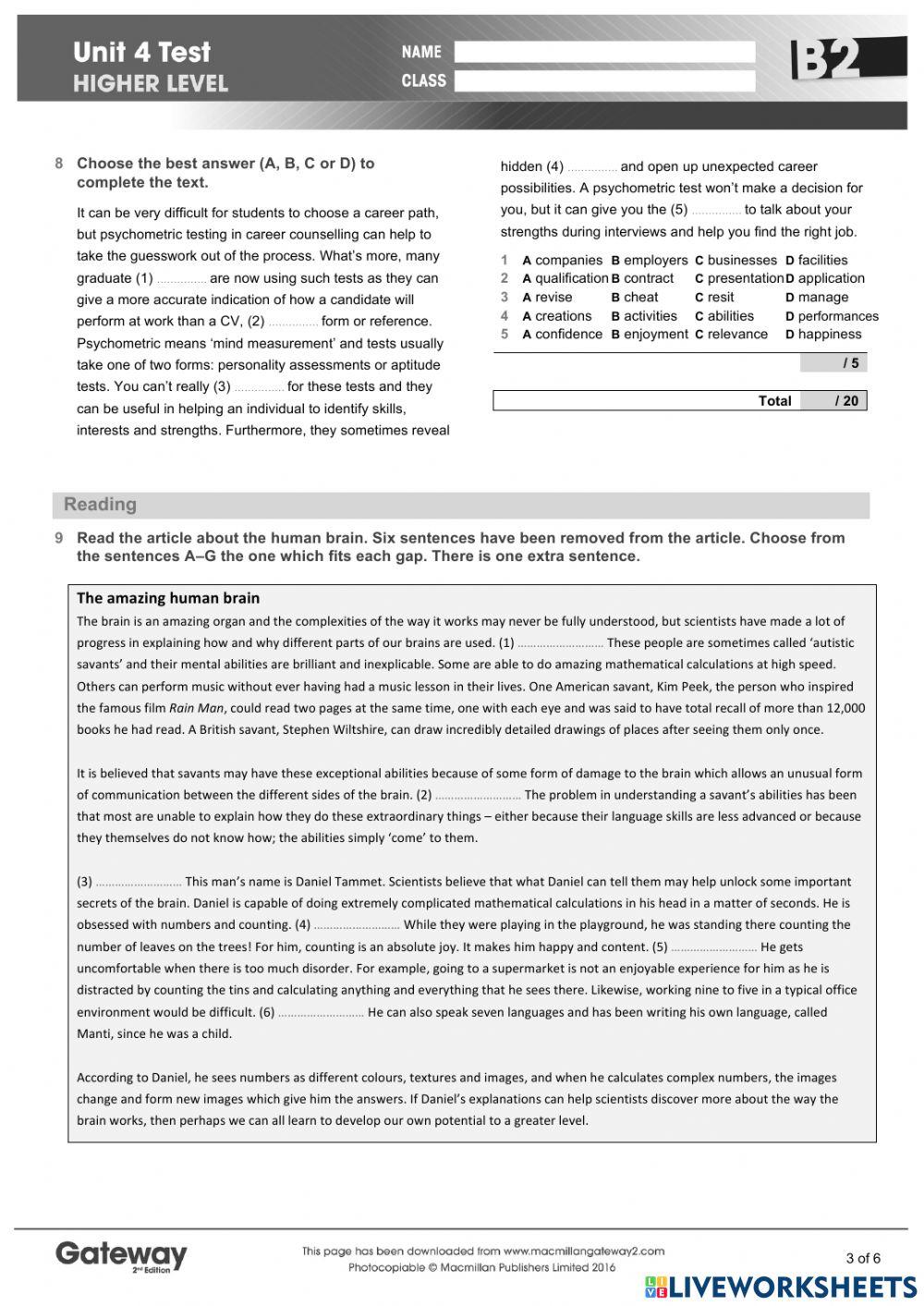 Gateway B2 Unit 4 online exercise for | Live Worksheets