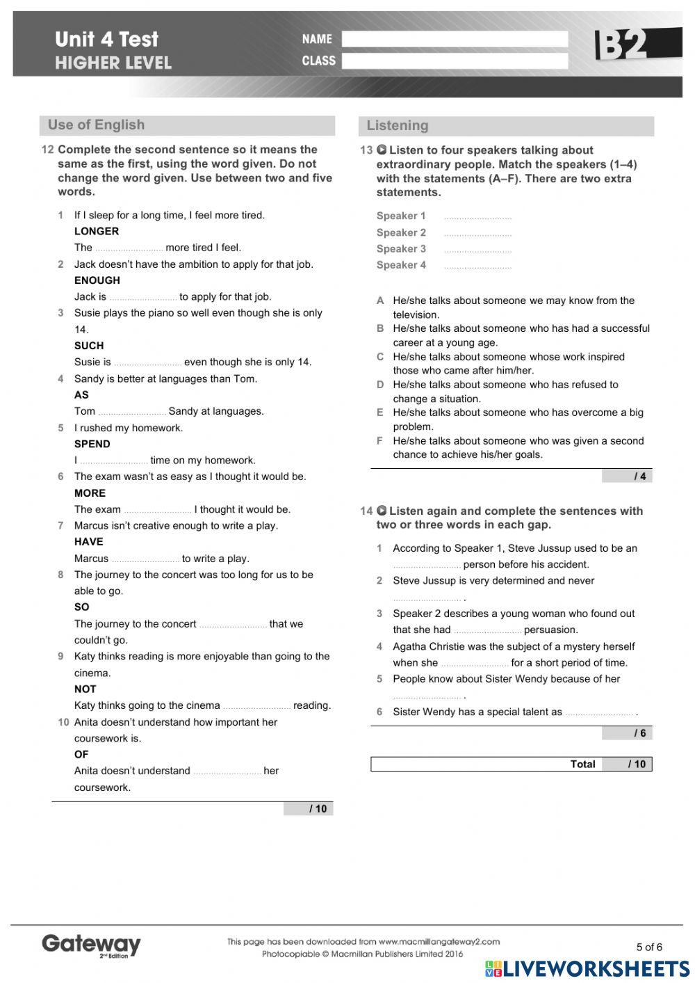 Gateway B2 Unit 4 online exercise for | Live Worksheets