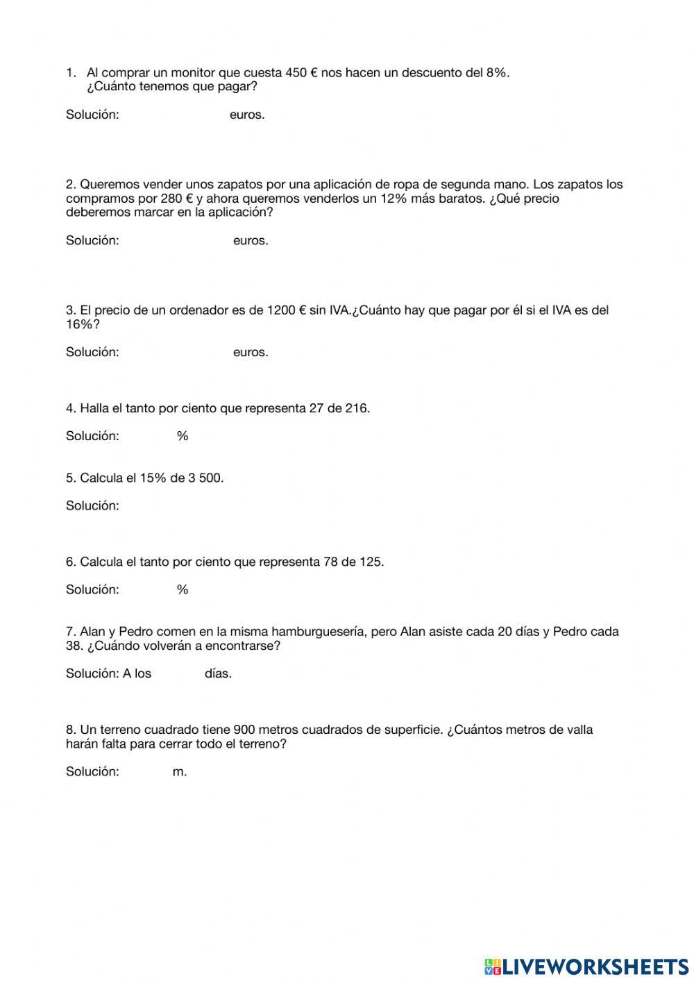 Repaso de mate. worksheet | Live Worksheets
