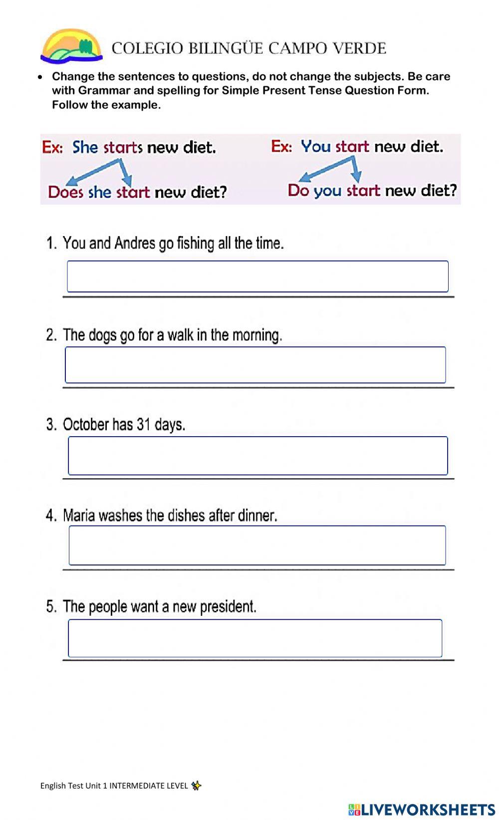 English Test Unit 1 Intermediate Level online exercise for | Live ...