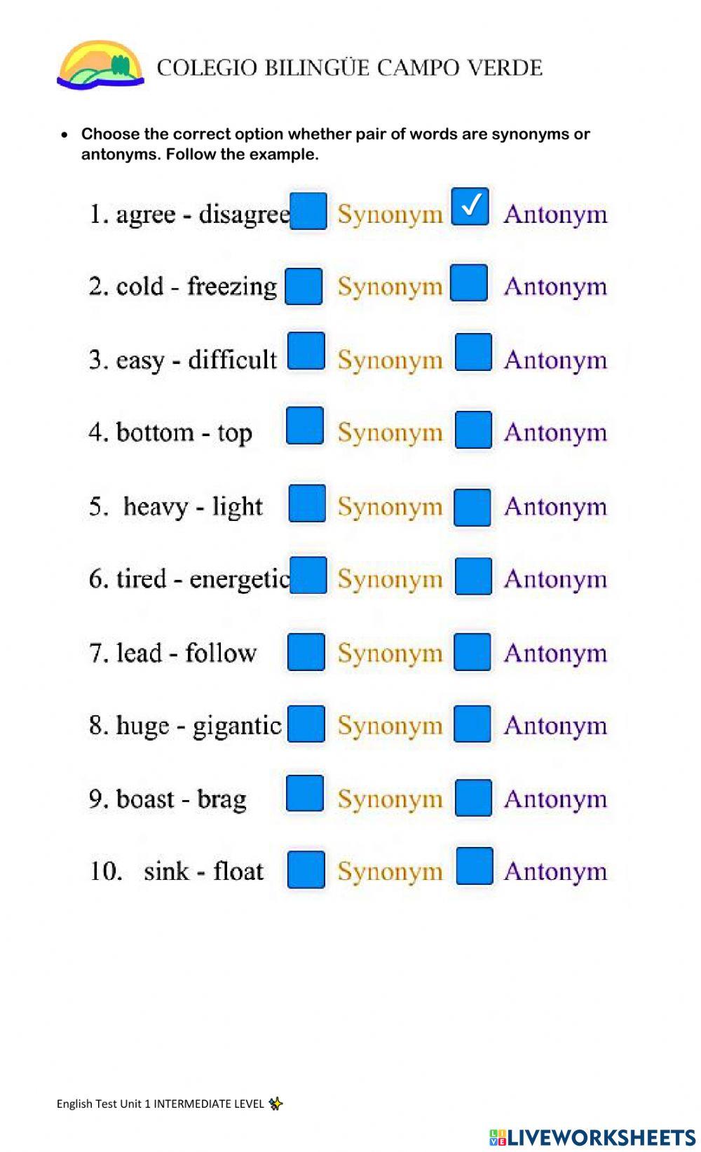 English Test Unit 1 Intermediate Level online exercise for | Live ...