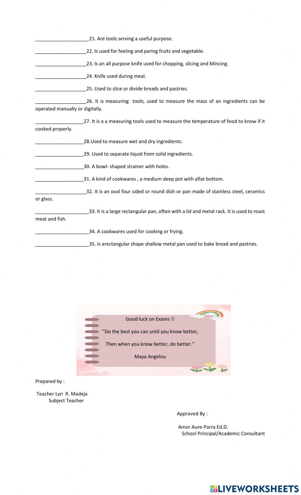 3rd monthly assessment in TLE 6 online exercise for | Live Worksheets