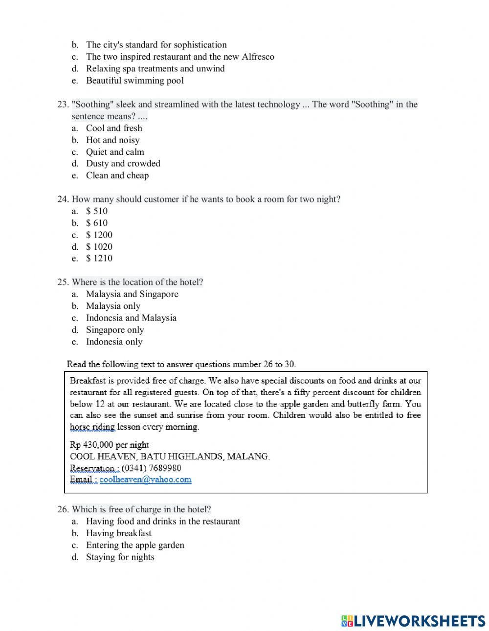 SOAL PTS Bahasa dan sastra Inggris worksheet | Live Worksheets