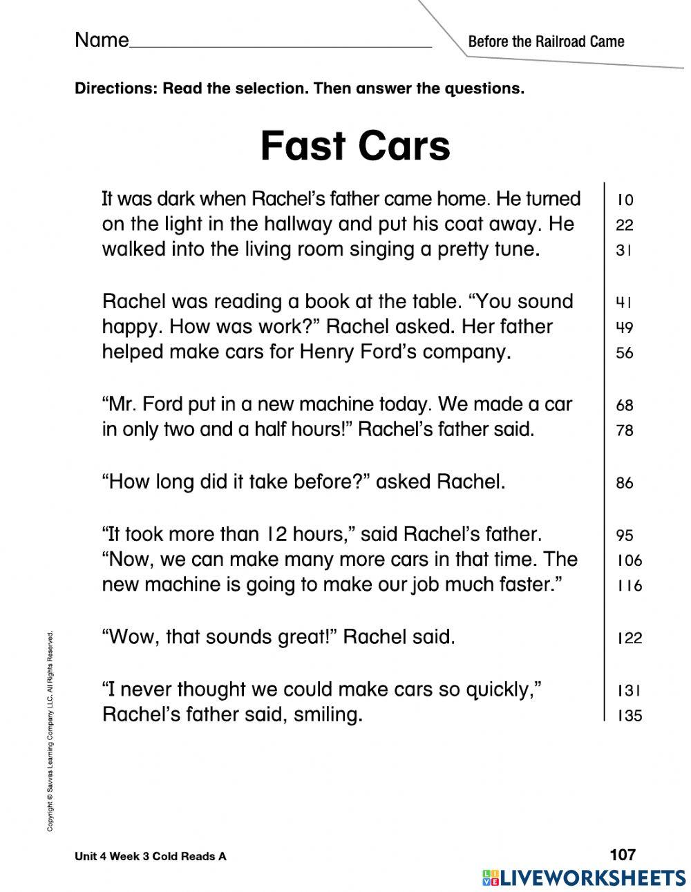 worksheet1 Fast Cars cold Reads B online exercise for | Live Worksheets