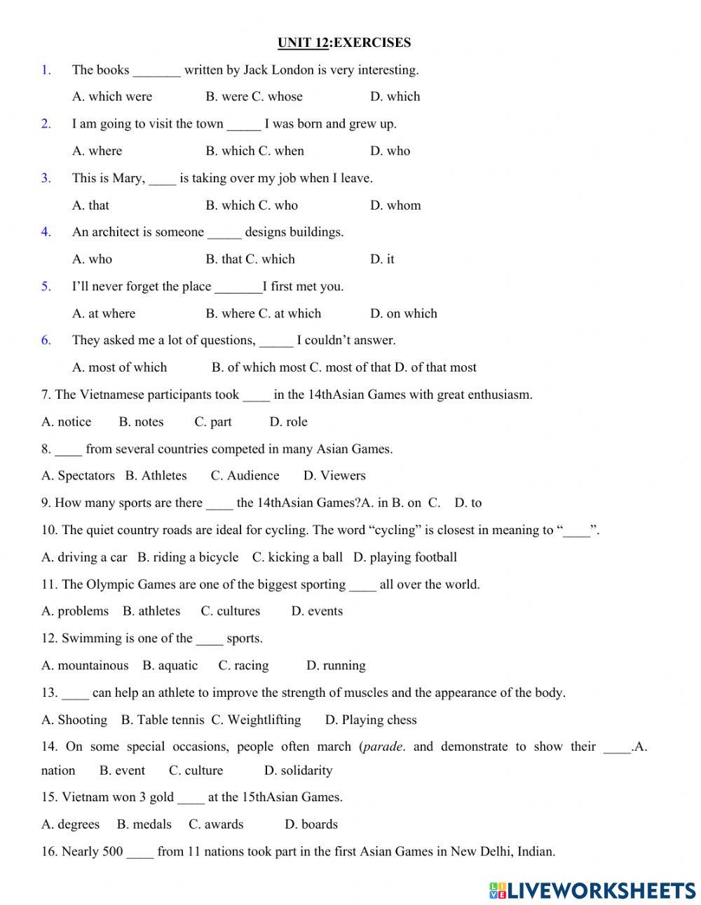 Unit 12 exercise worksheet | Live Worksheets