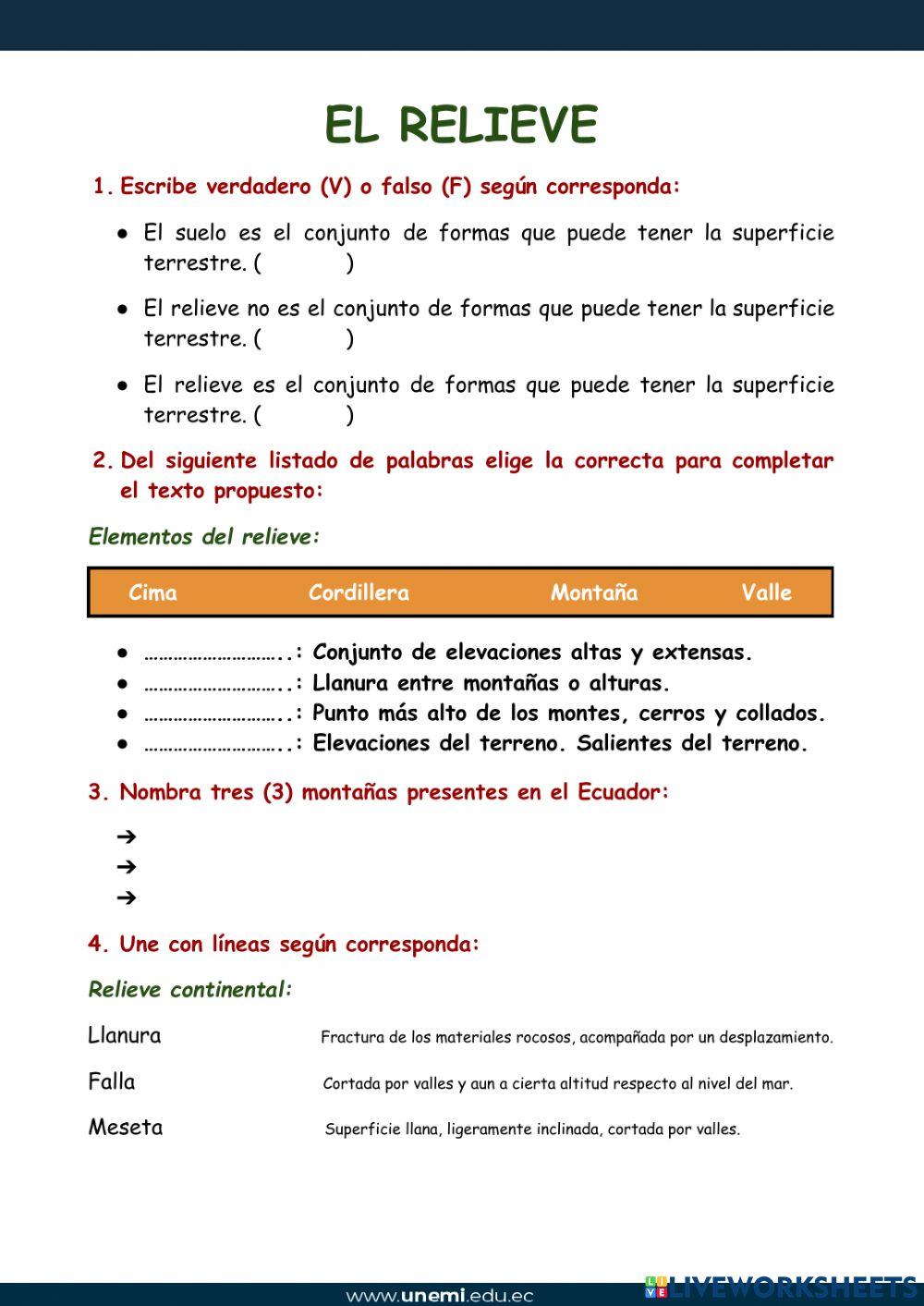 El relieve online activity for QUINTO | Live Worksheets