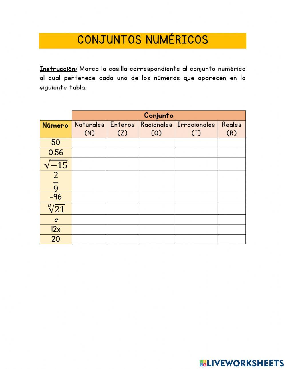 Conjuntos numericos interactive activity for SECUNDARIA | Live Worksheets