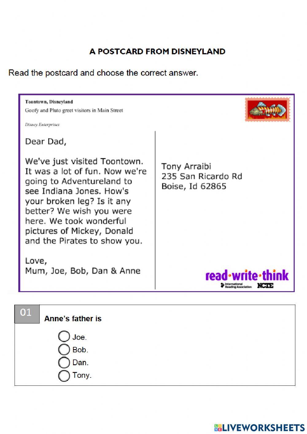 Reading. a postcard FROM DISNEYLAND worksheet | Live Worksheets