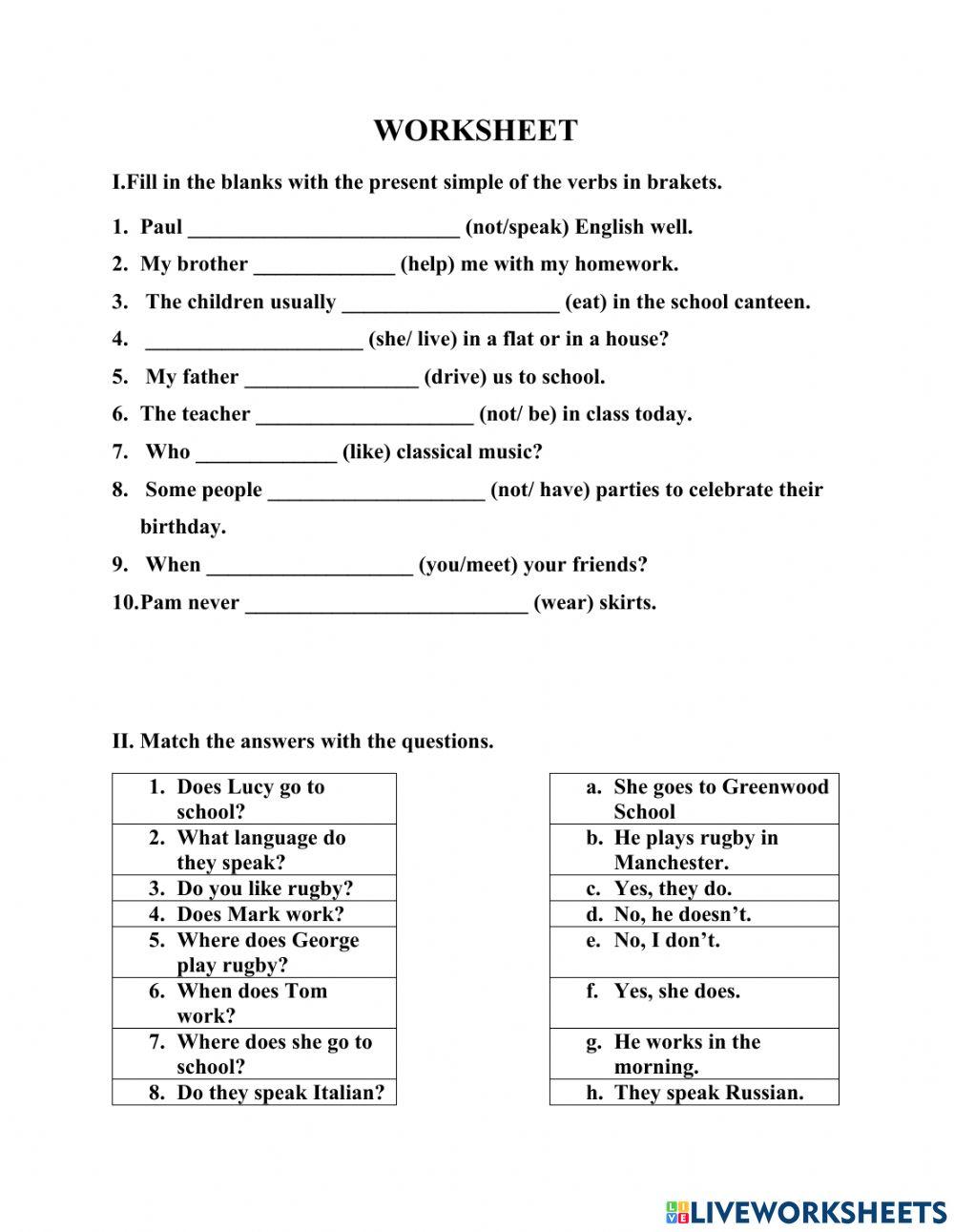 Present simple online exercise for grade 5 | Live Worksheets