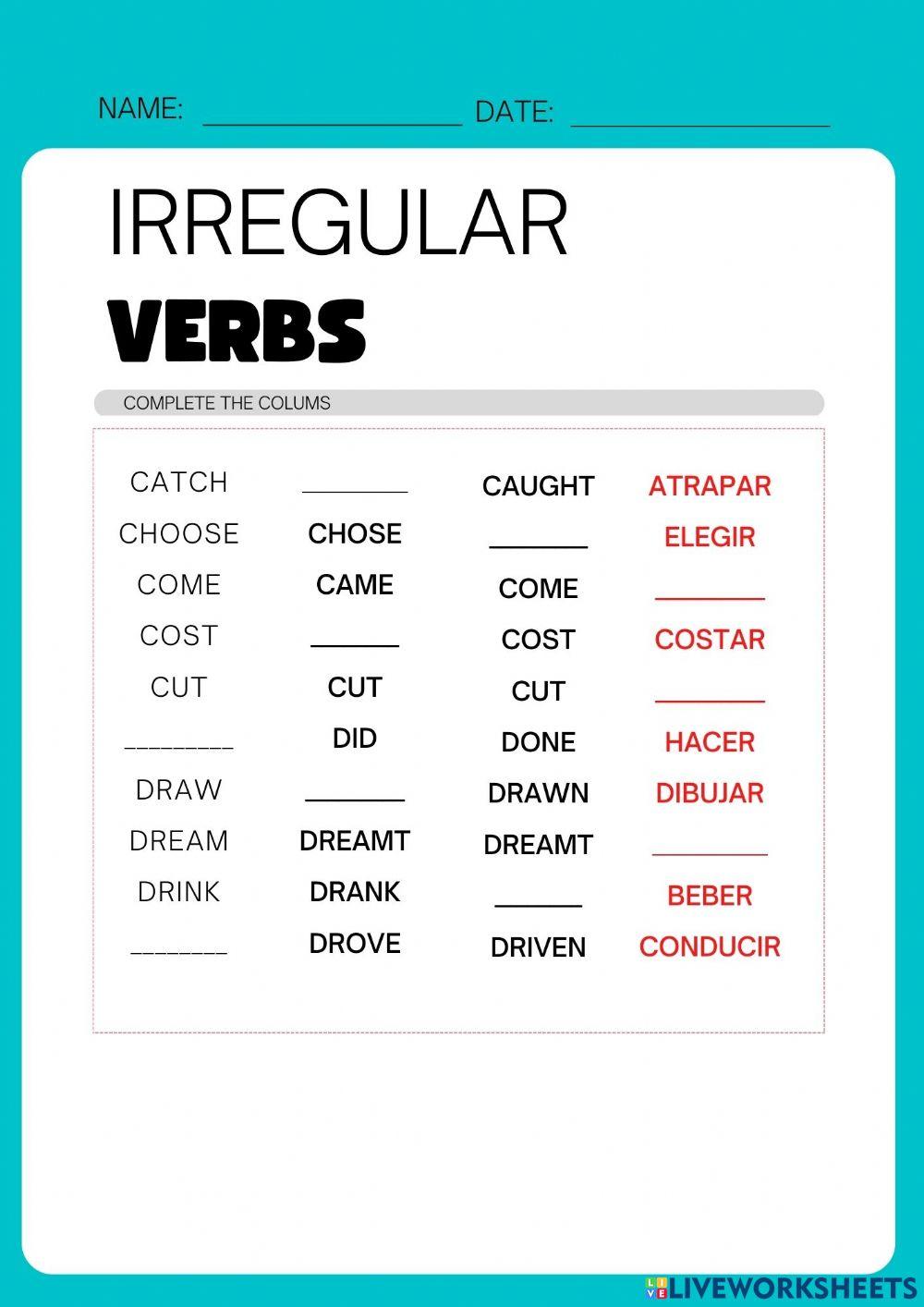 Irregirar verbs 2 worksheet | Live Worksheets