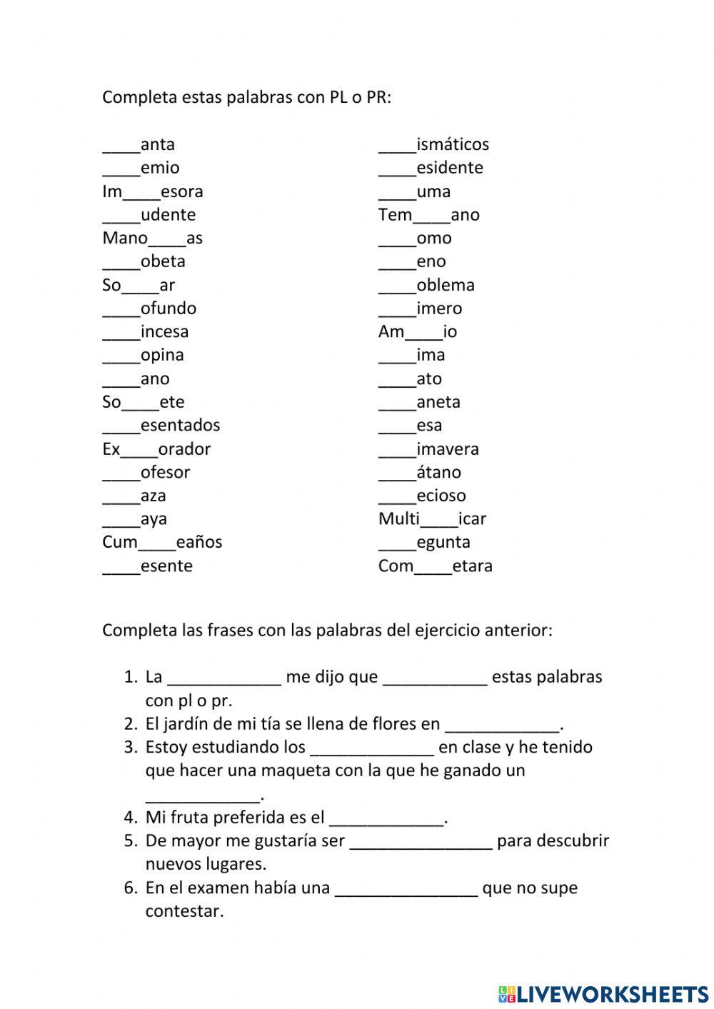 Palabras con PL y PR 2283335 | PatriciaMunozGlez | Live