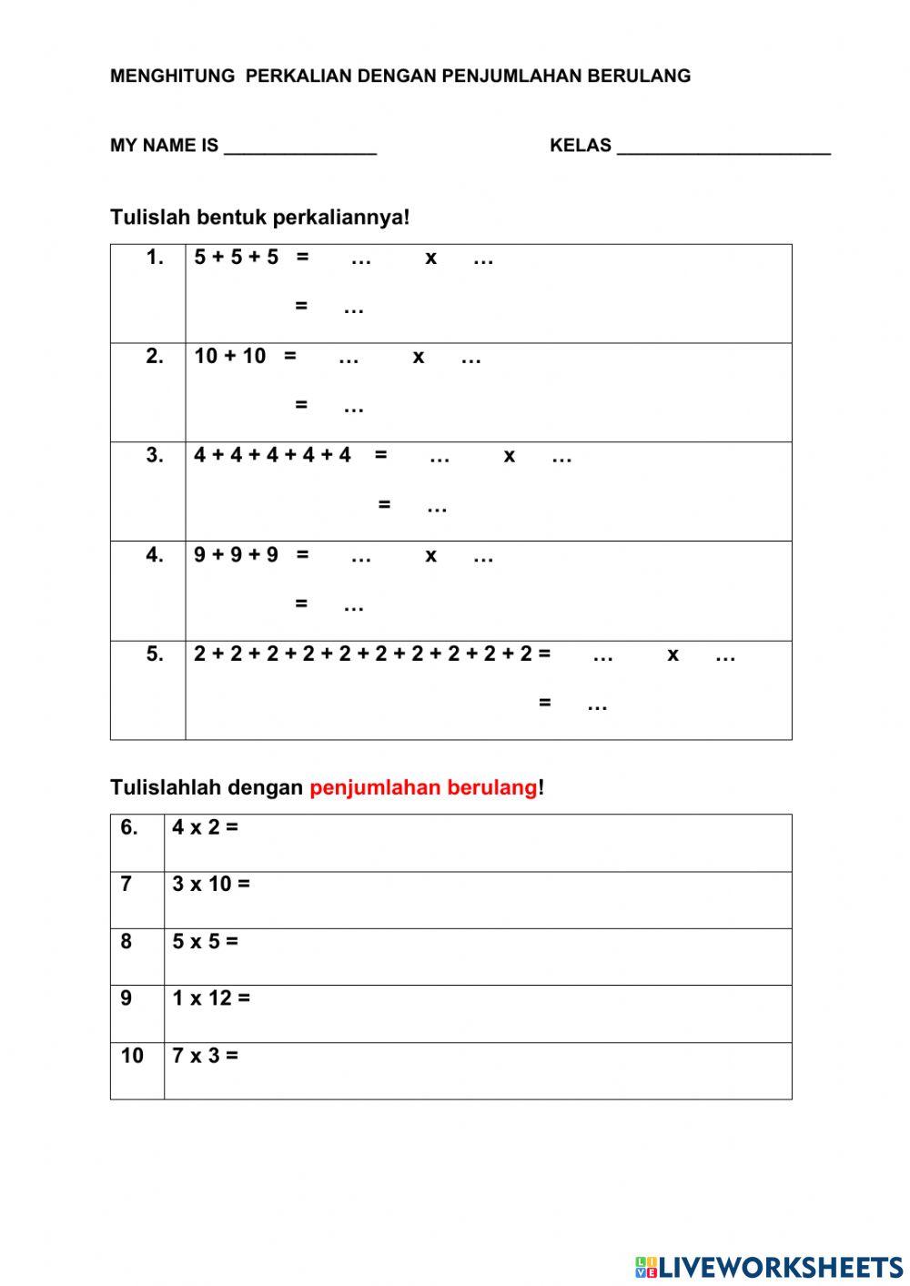 perkalian dengan penjumlahan berulang online exercise for | Live Worksheets