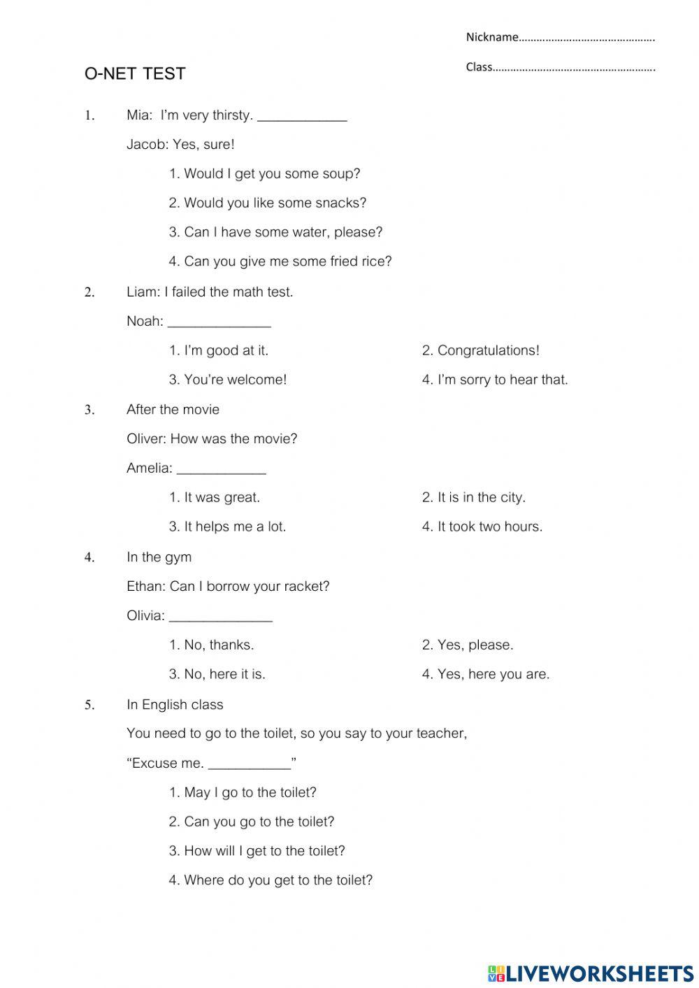 O-NET Conversation worksheet | Live Worksheets
