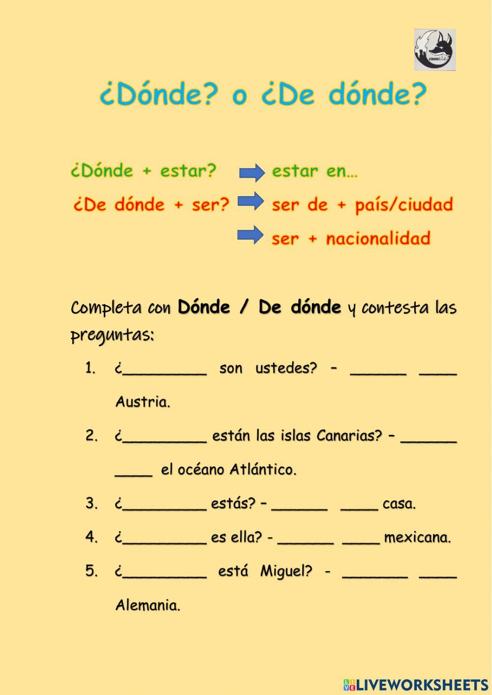 ¿Dónde? o ¿De dónde? worksheet | Live Worksheets
