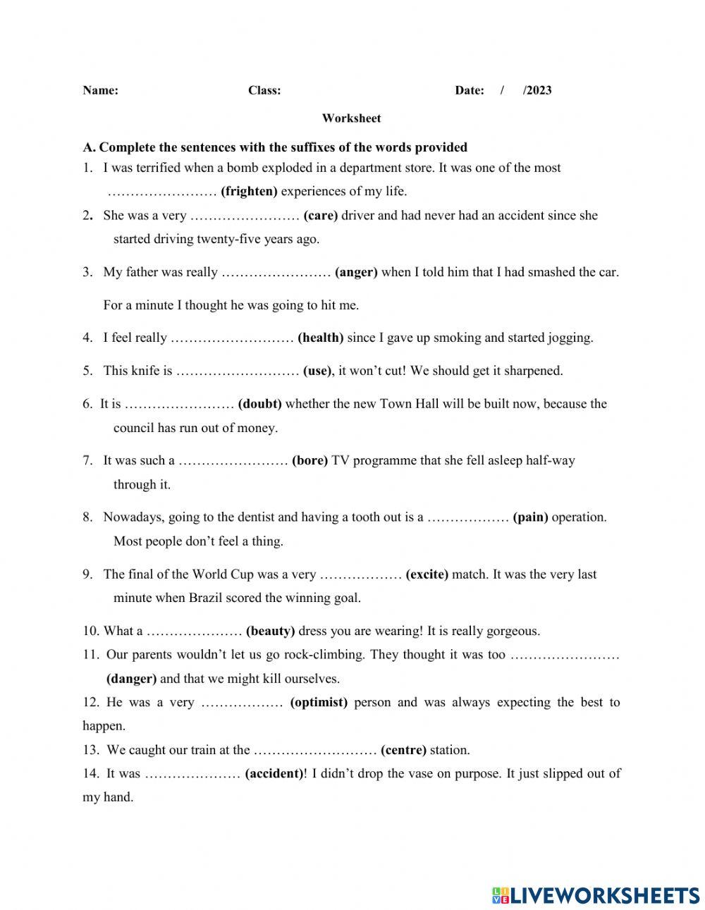 Suffix Pre Intermediate online exercise for | Live Worksheets