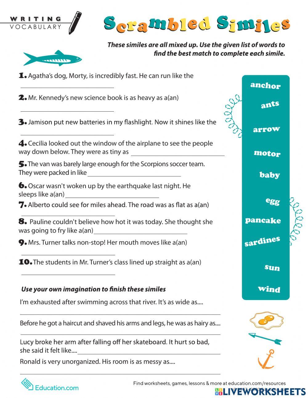 Simile online worksheet | Live Worksheets