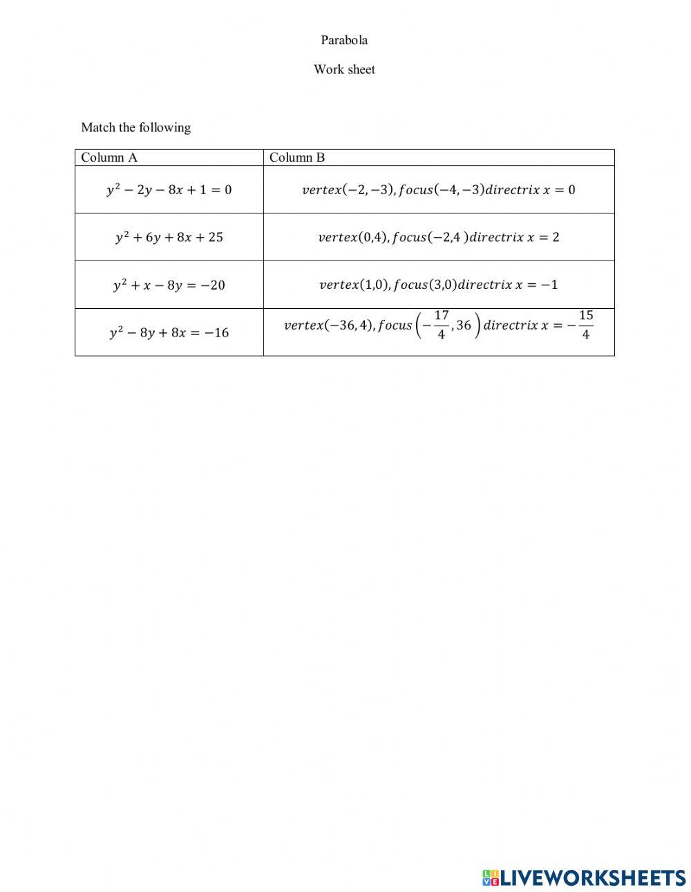 Parabola interactive worksheet for xii | Live Worksheets