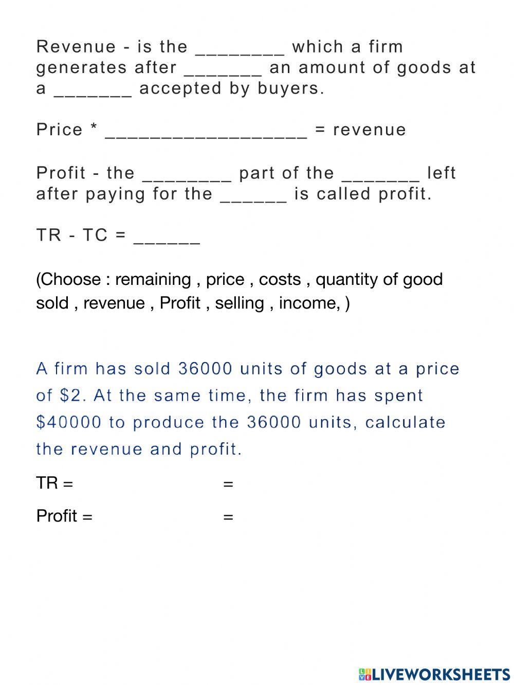IG Costs, Revenues and Profit worksheet 2 online exercise for | Live ...