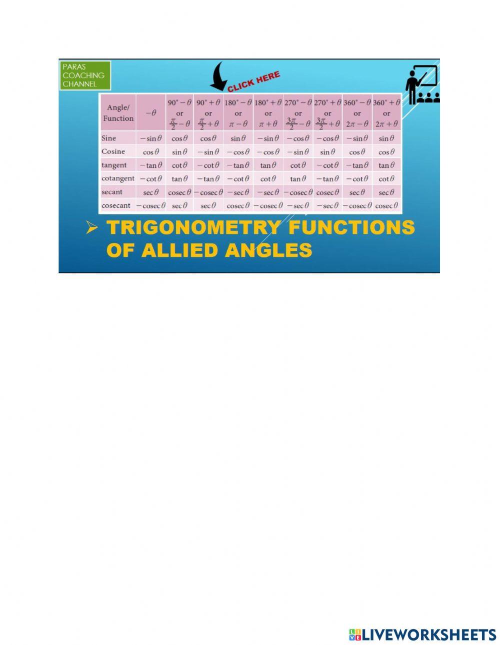 T-ratios of allied angles online exercise for | Live Worksheets