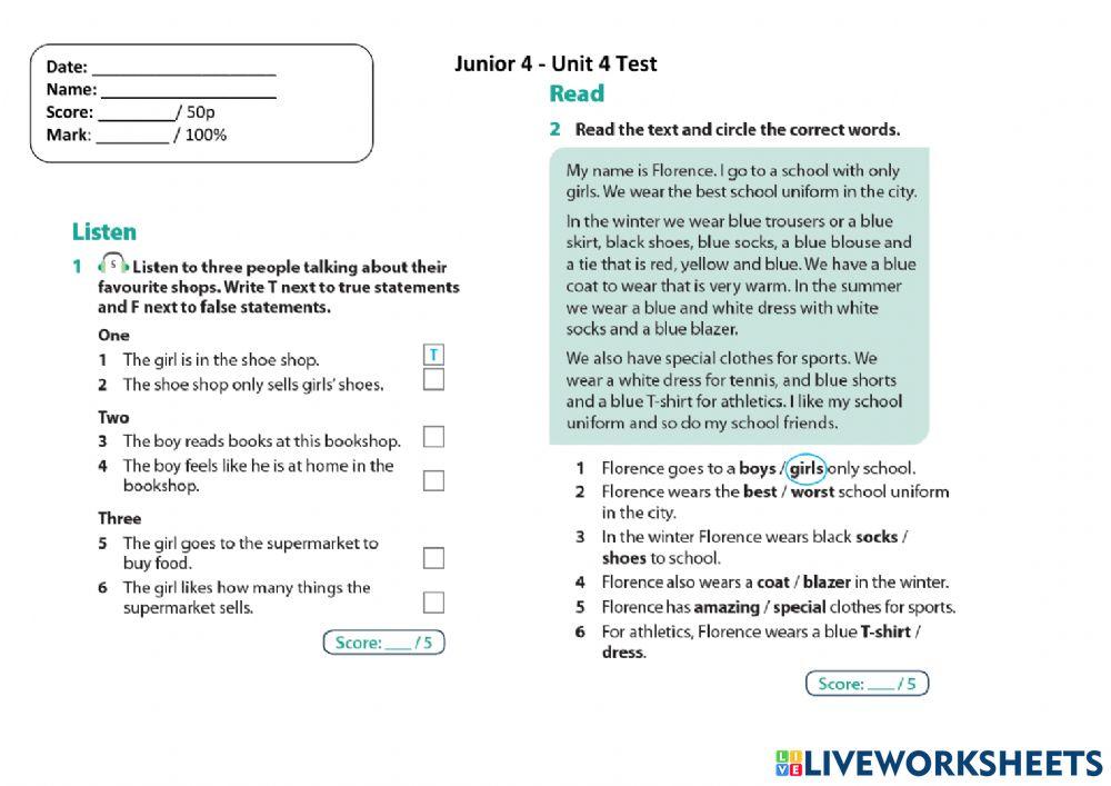 Junior 4 - Test worksheet | Live Worksheets