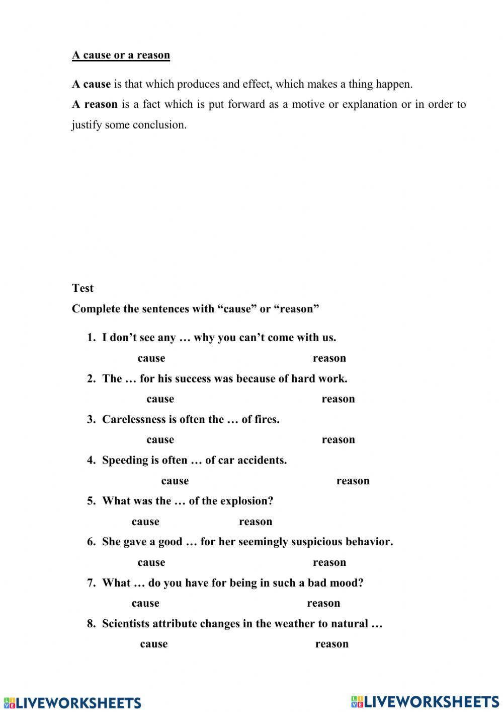 The cause - reason online exercise for | Live Worksheets
