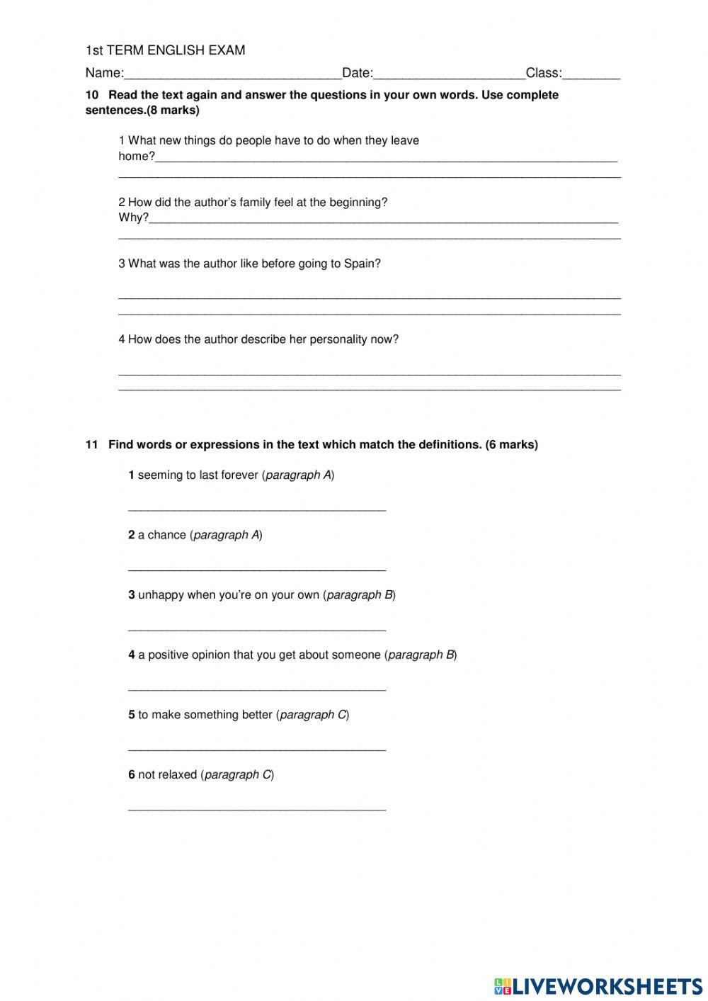 1st term exam activity | Live Worksheets