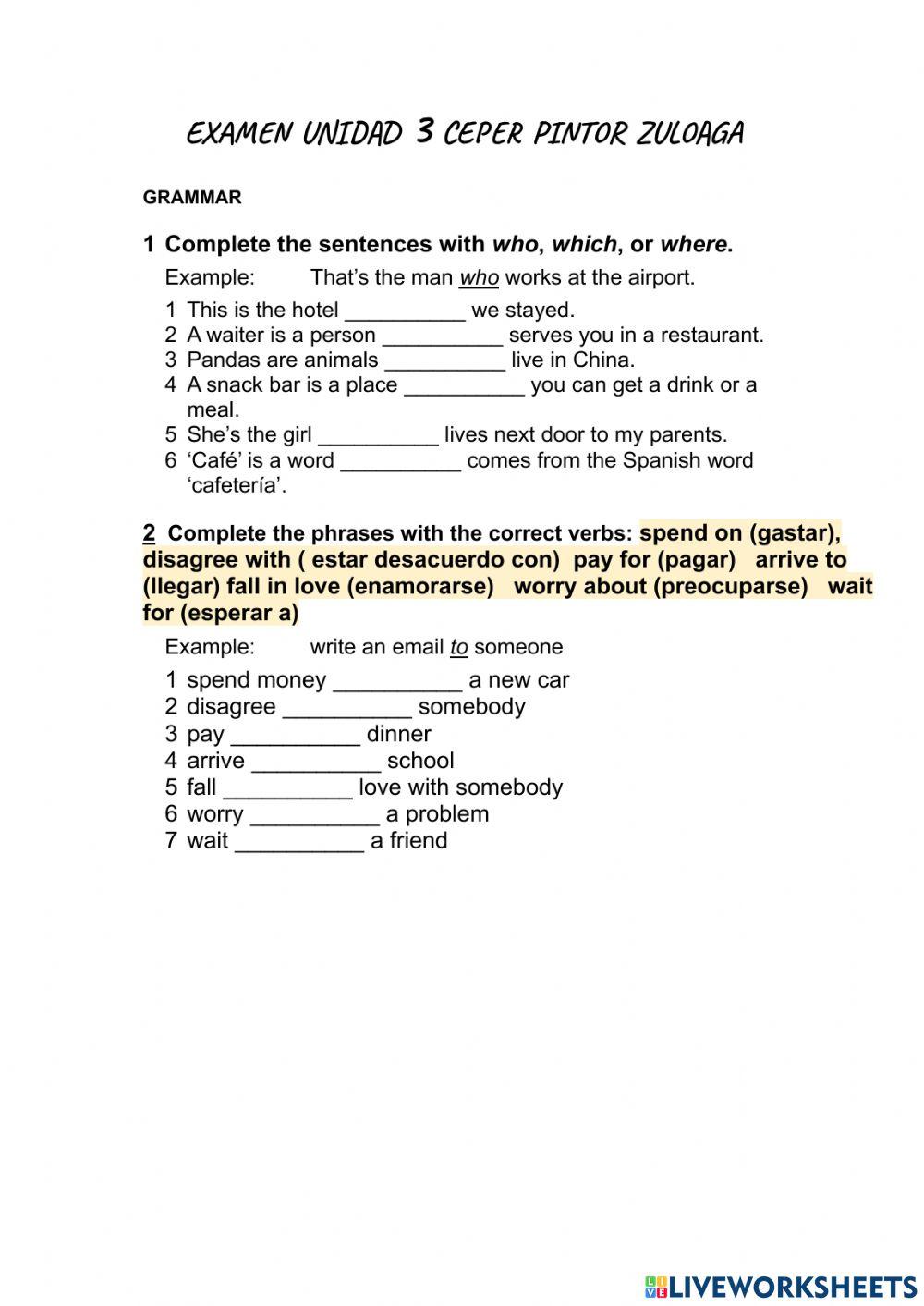 UNIDAD 3 PRUEBA LIBRO AZUL online exercise for | Live Worksheets
