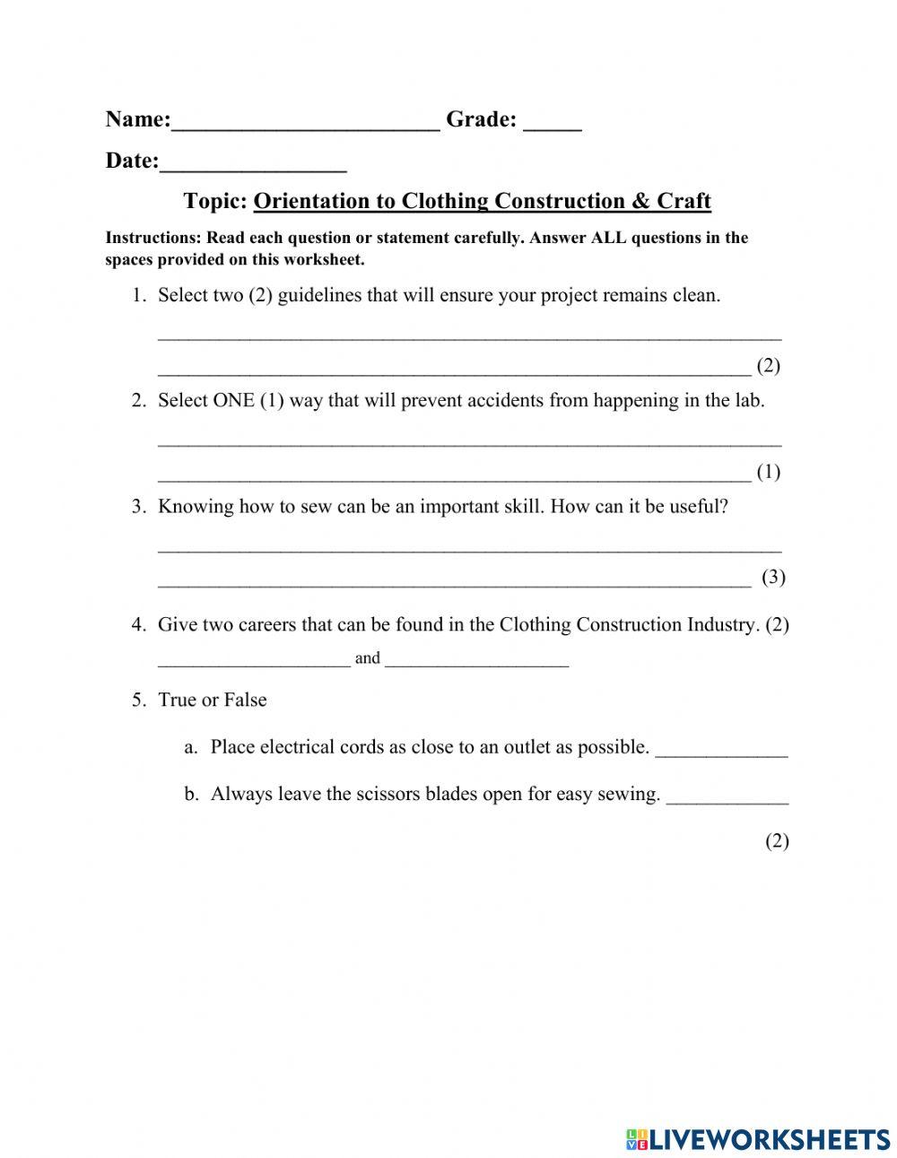 Orientation to Clothing Construction & Craft worksheet | Live Worksheets