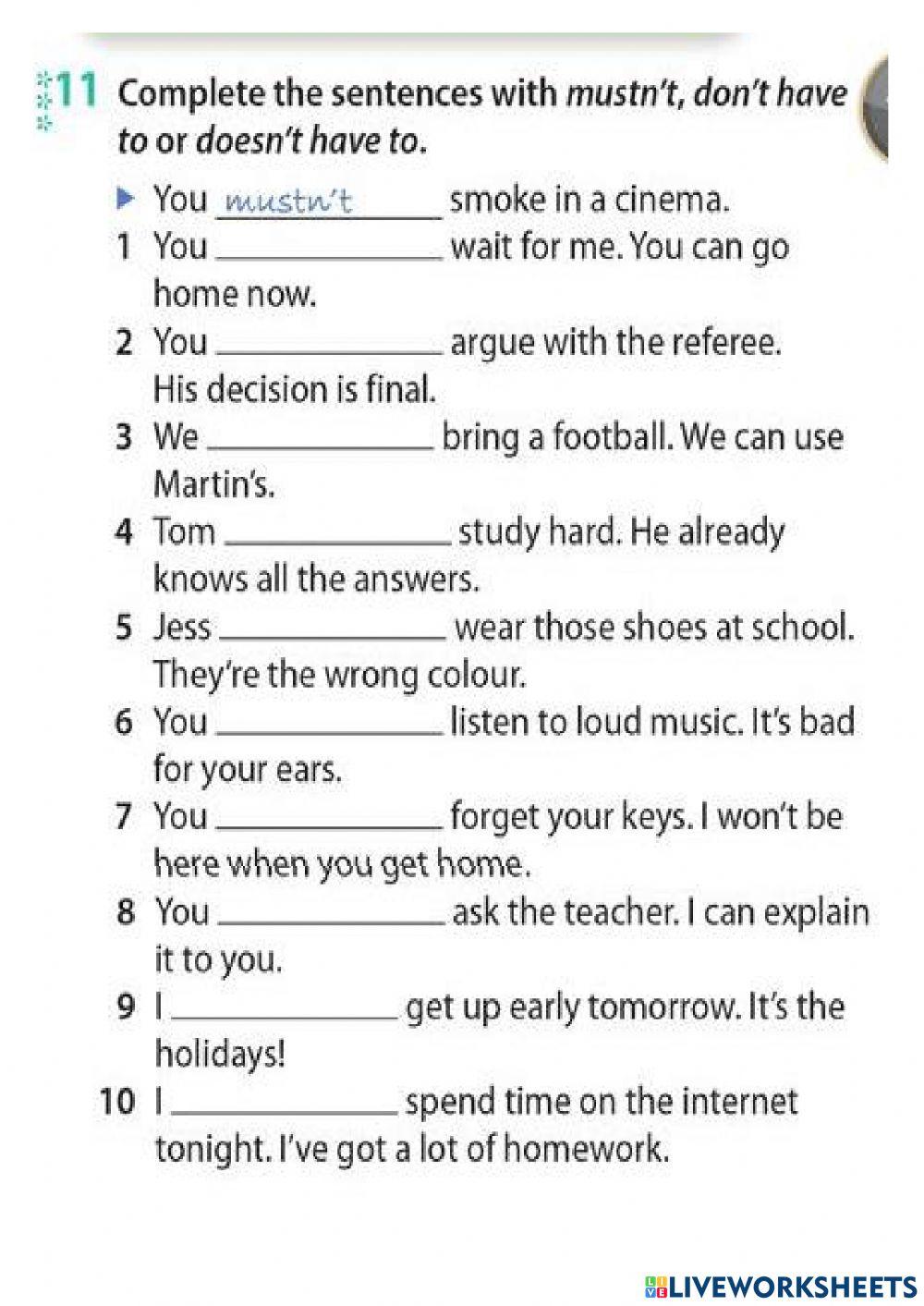 Obligation and prohobition worksheet | Live Worksheets