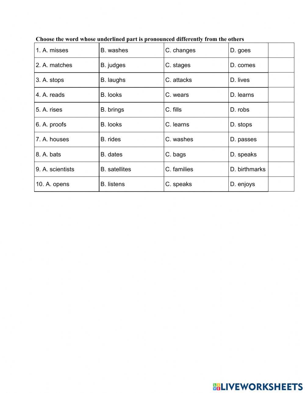 pronounce s-es (1) online exercise for | Live Worksheets