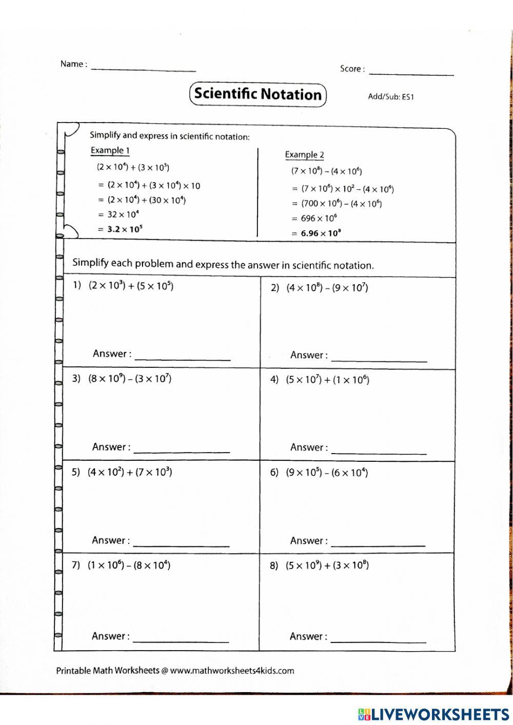 Jennifer Mixed Scientific Notation Operations Practice