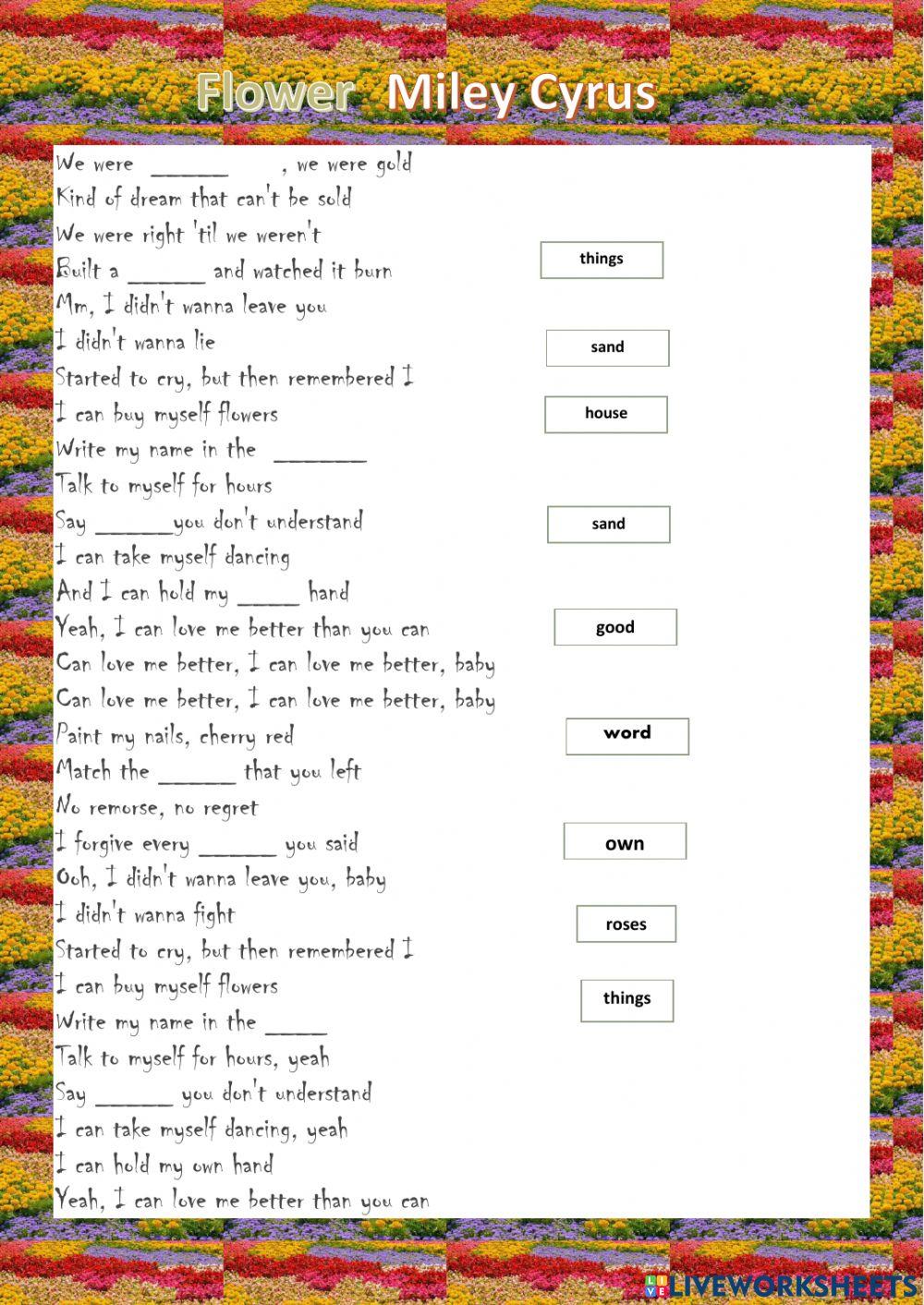 Flower Miley Cyrus Worksheet Live Worksheets