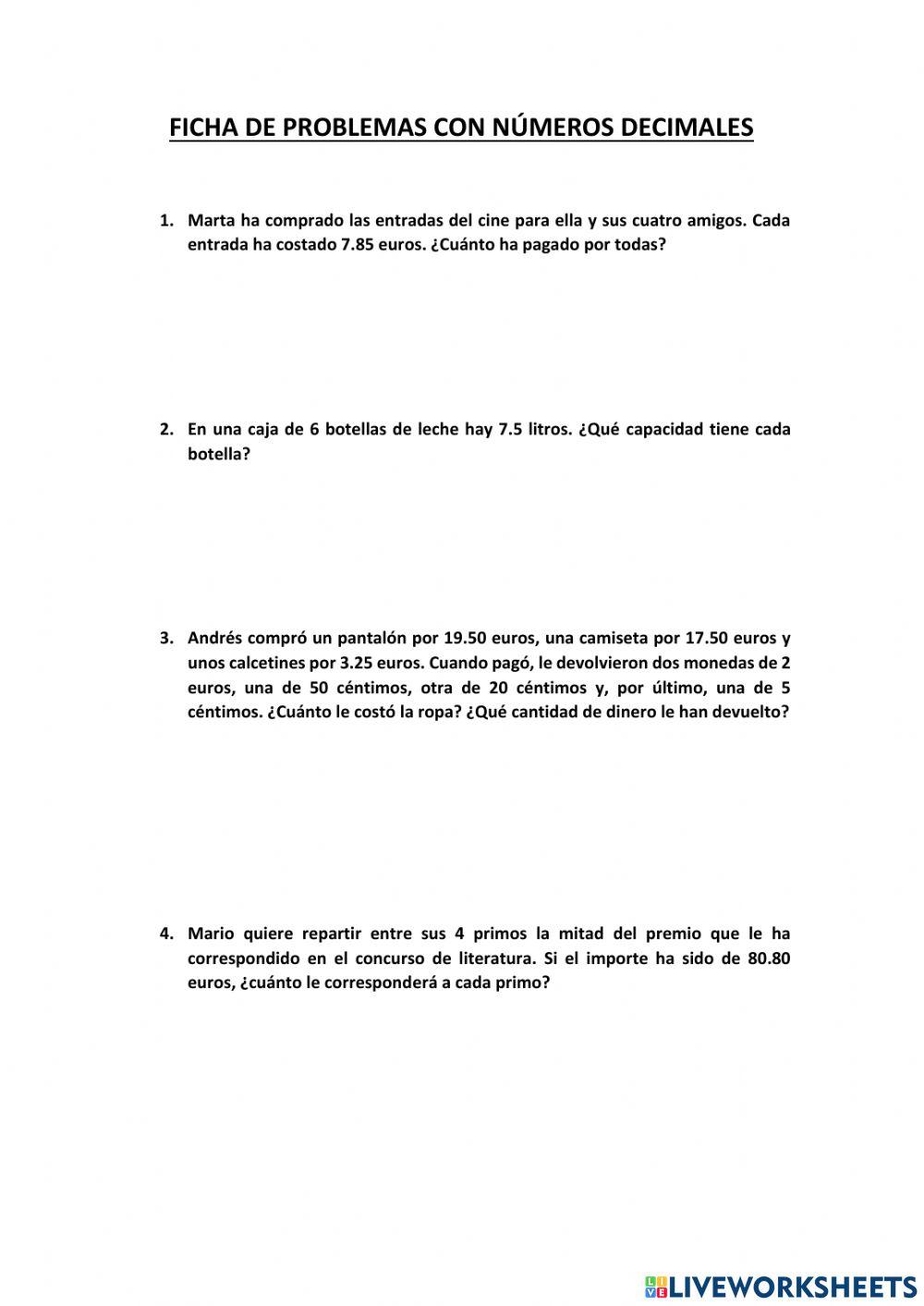 Problemas con decimales free online exercise | Live Worksheets