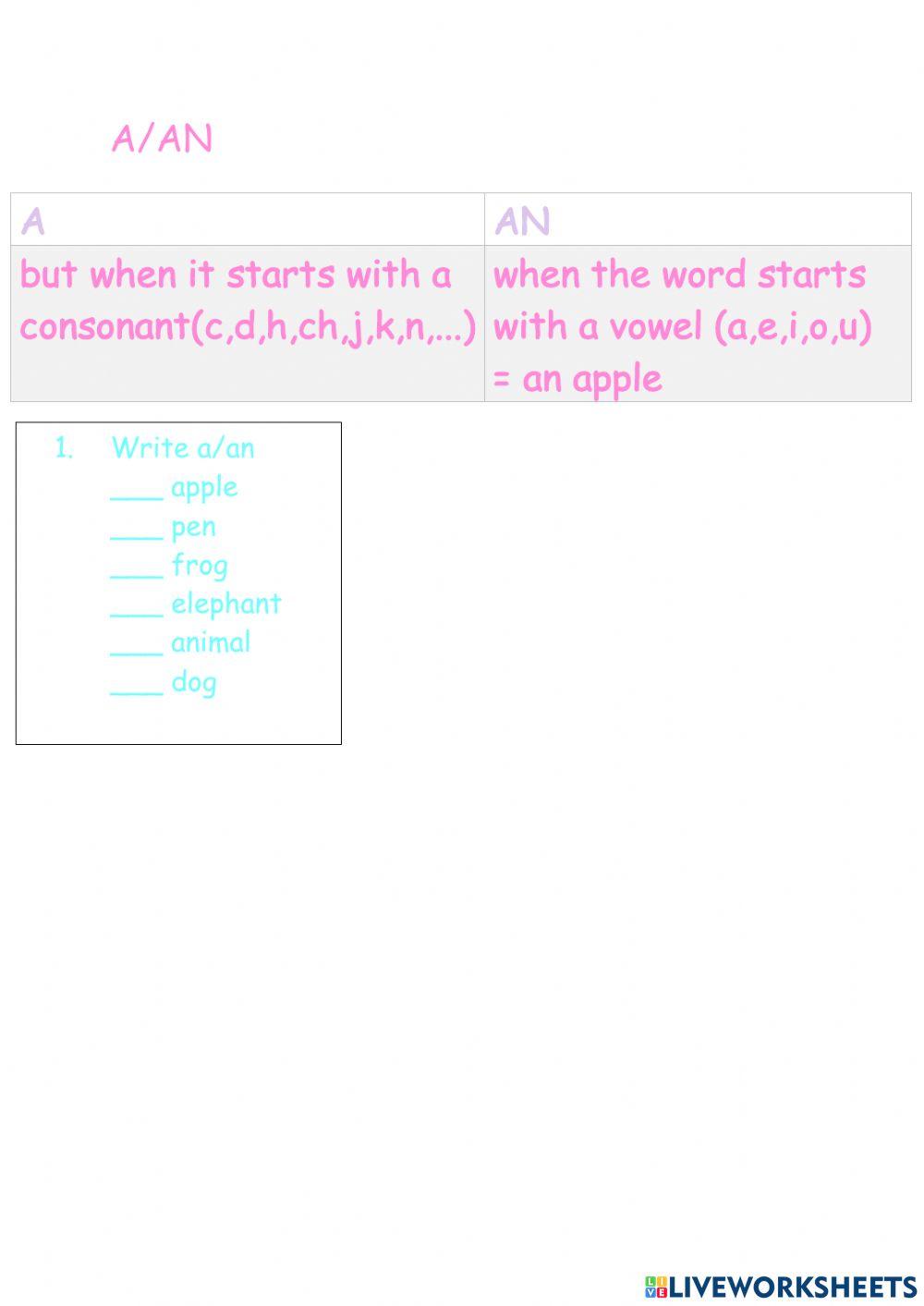 A-an online pdf worksheet | Live Worksheets