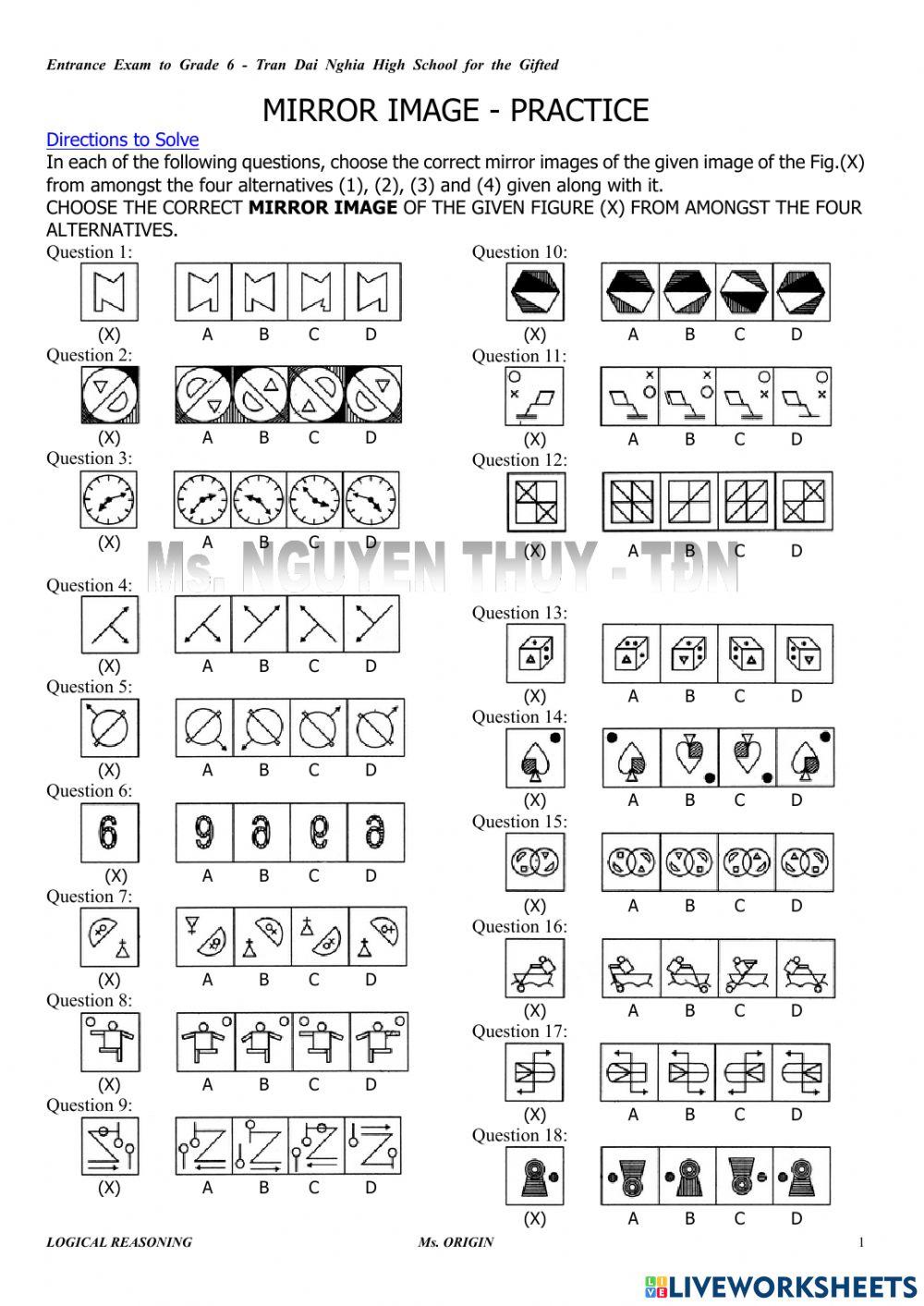 TDN6 - NON-VERBAL REASONING - mirror image 1 online exercise for | Live ...