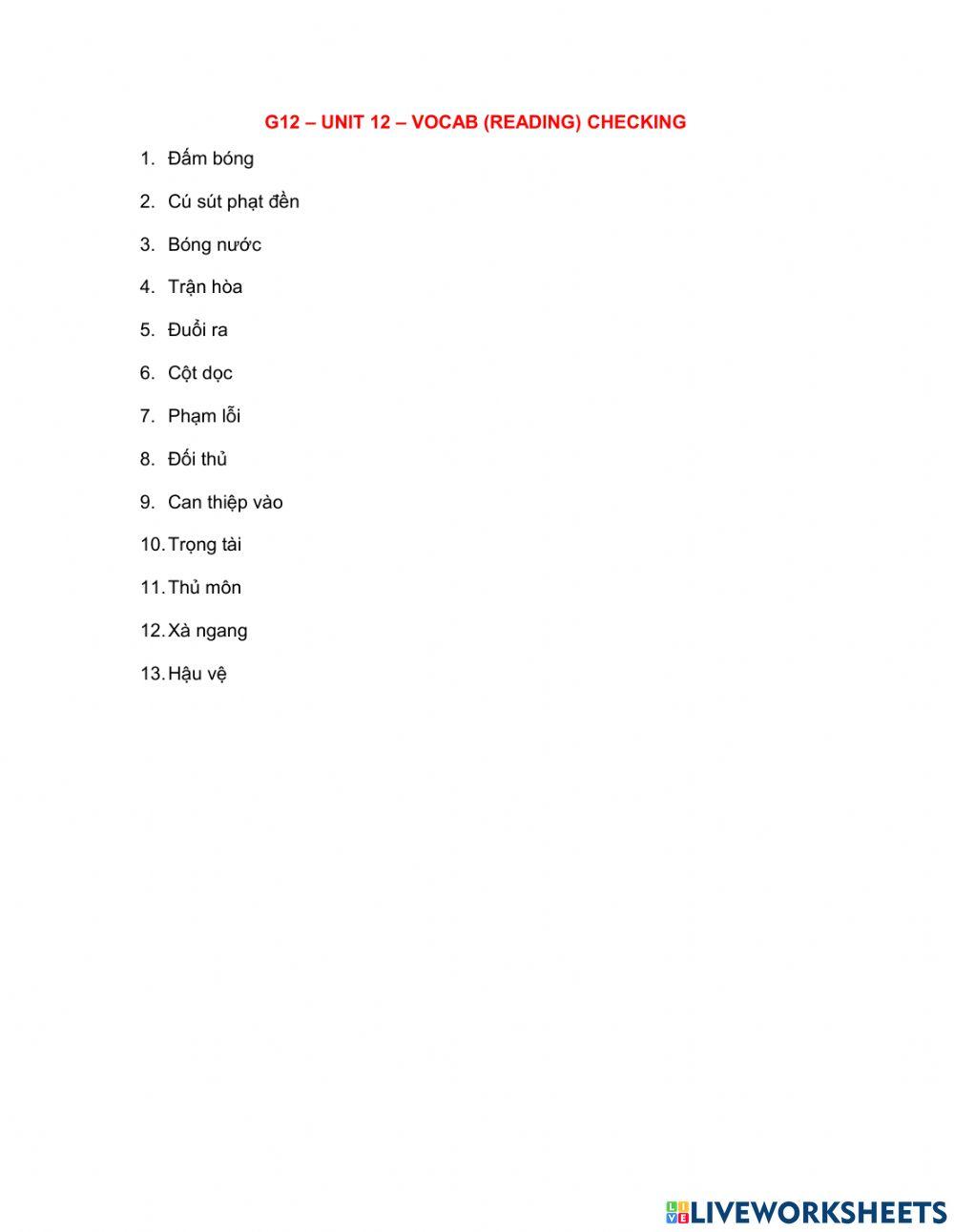G12 - unit 12 vocab checking worksheet | Live Worksheets