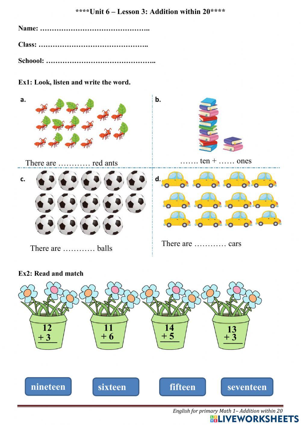 K1. Addition within 20 online exercise for | Live Worksheets