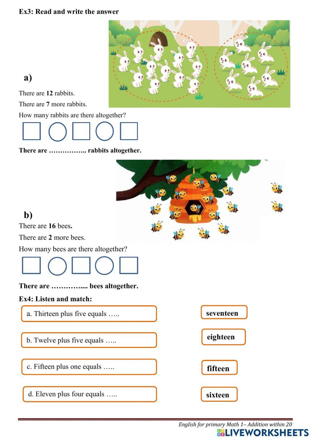 K1. Addition within 20 online exercise for | Live Worksheets