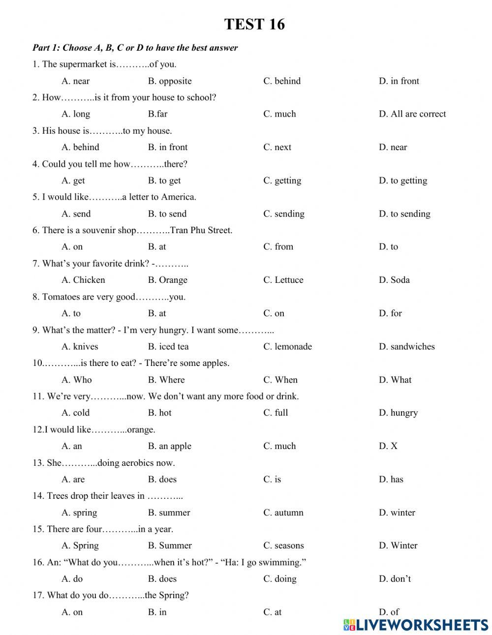 Lop 5- test trac nghiem tong hop 16 worksheet | Live Worksheets