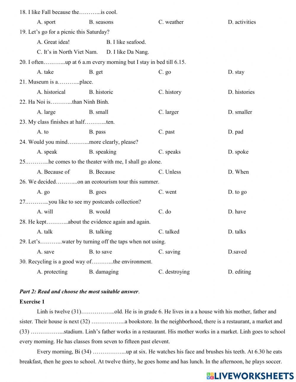 Lop 5- test trac nghiem tong hop 16 worksheet | Live Worksheets