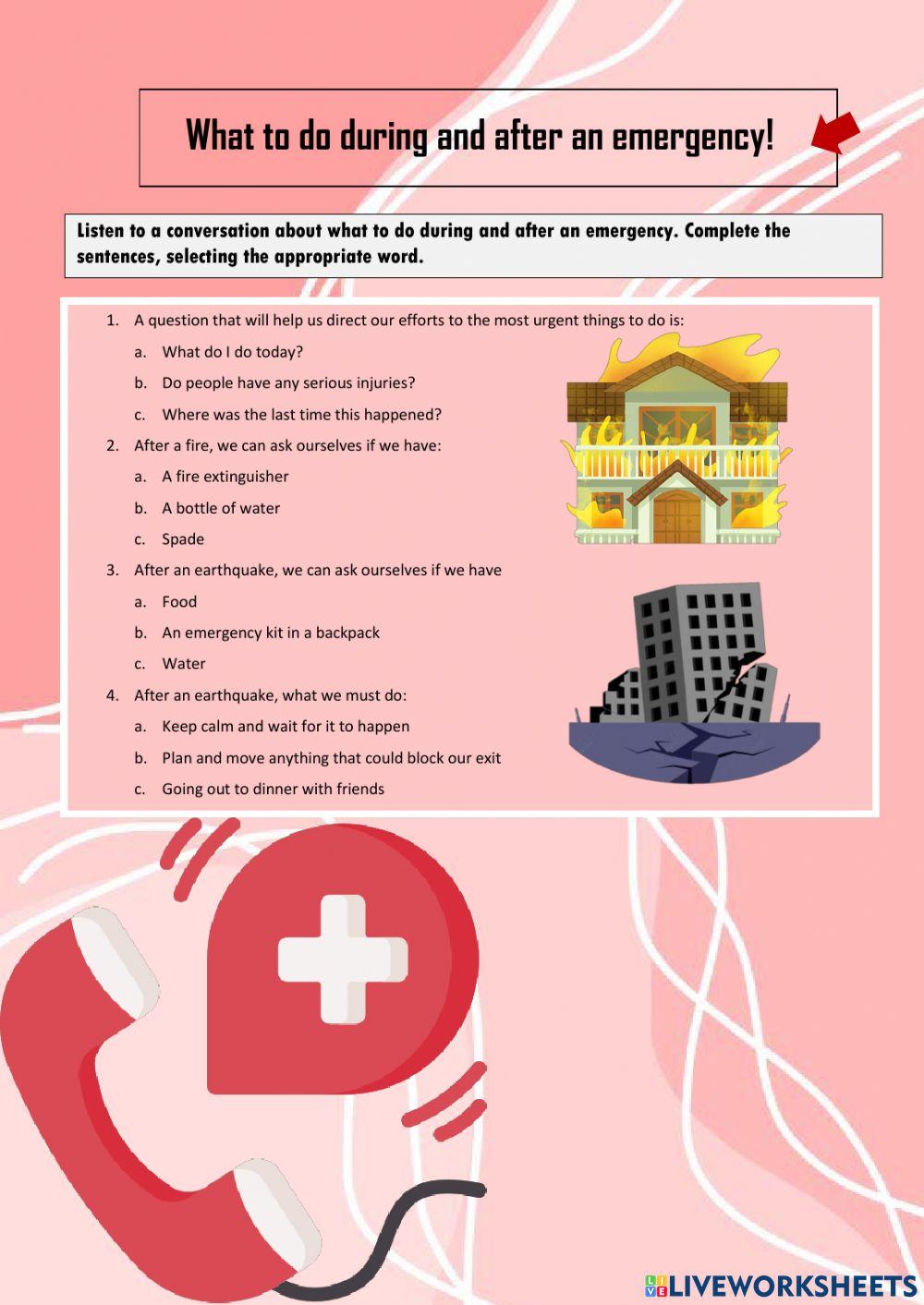 What to do during and after an emergency worksheet | Live Worksheets