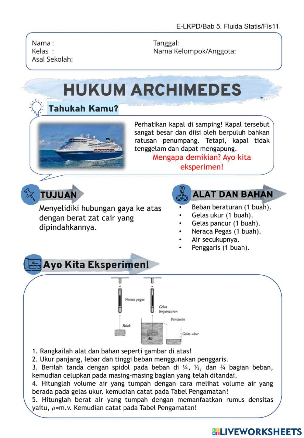 E-LKPD Fluida Statis Hukum Archimedes worksheet | Live Worksheets
