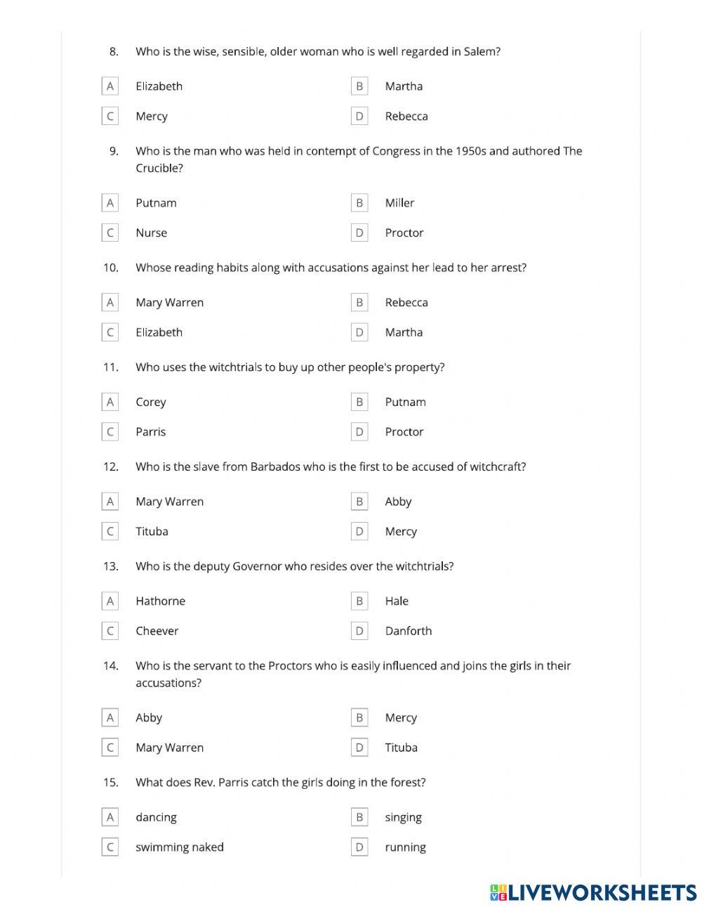 The Crucible Ac… | Free Interactive Worksheets | 2317372